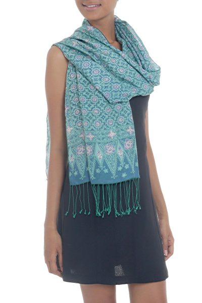 Blue Batik Truntum and Flower Patterned Silk Shawl - Truntum Biru | NOVICA