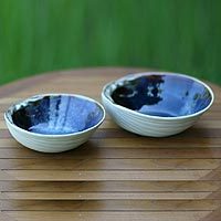 Indonesian Ceramic Dinnerware Bowls (Pair) - Mystic Blue Oysters | NOVICA