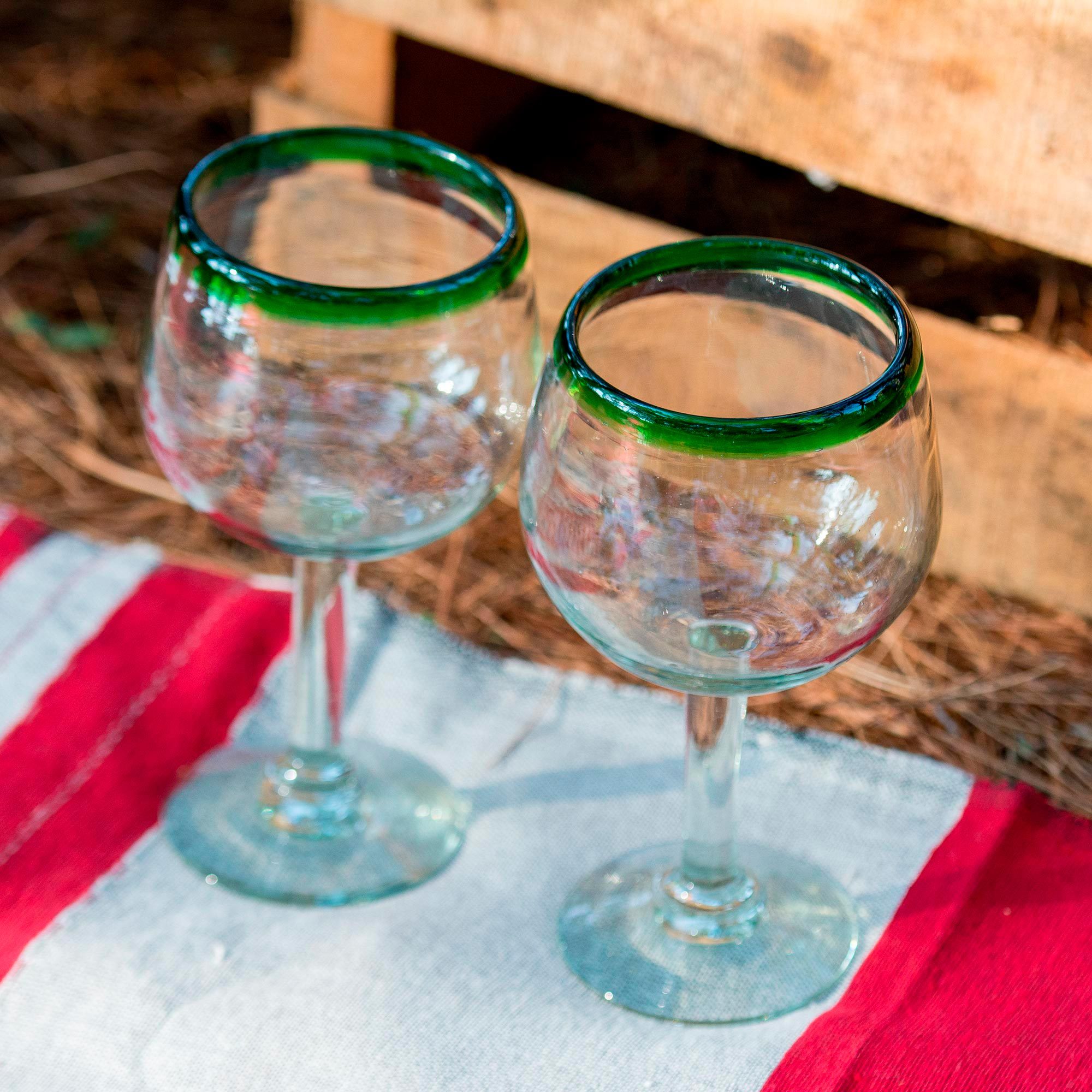 Hand Blown Green Rim Wine Glasses Set Of 4 Mexico Lime Globe Novica