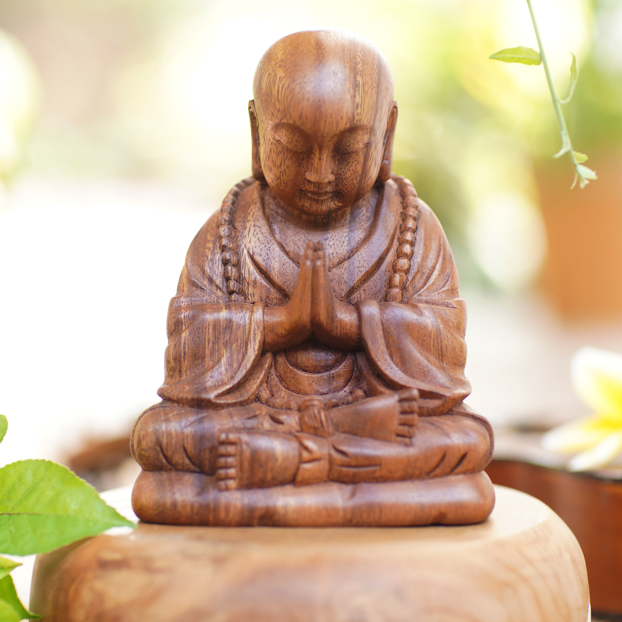 Unique Buddhism Wood Sculpture - Little Buddha Praying | NOVICA