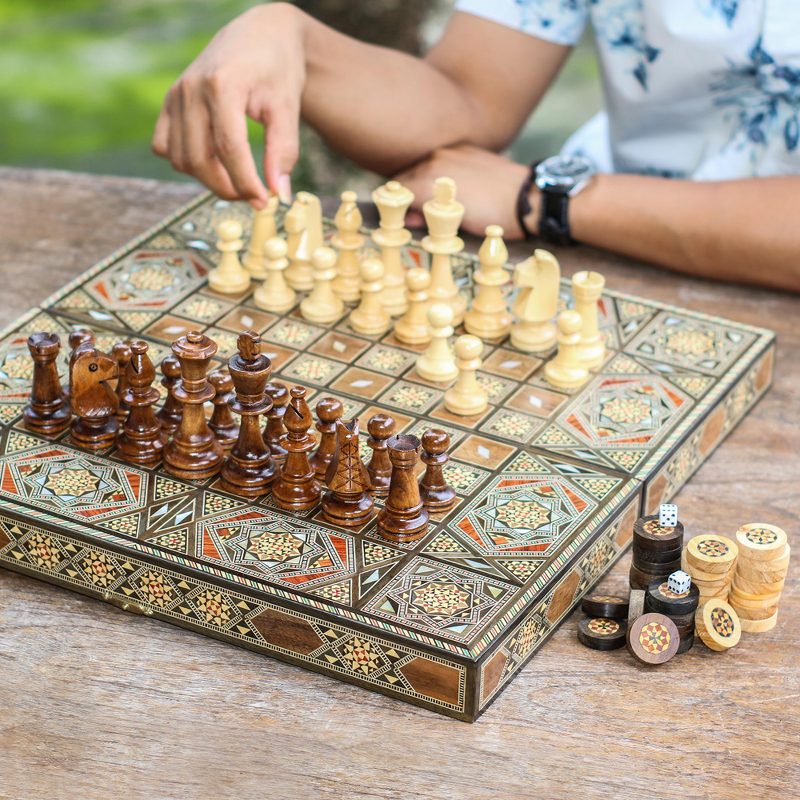 Wood Chess and Backgammon Set with Mother of Pearl - Crossroads | NOVICA