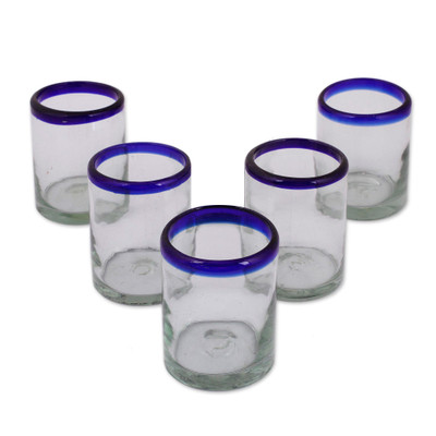 Blue-Rimmed Hand Blown Glasses from Mexico (Set of 5) - Cobalt Classics ...