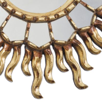 Sun-Shaped Bronze Wood Wall Mirror from Peru - Colonial Blaze | NOVICA