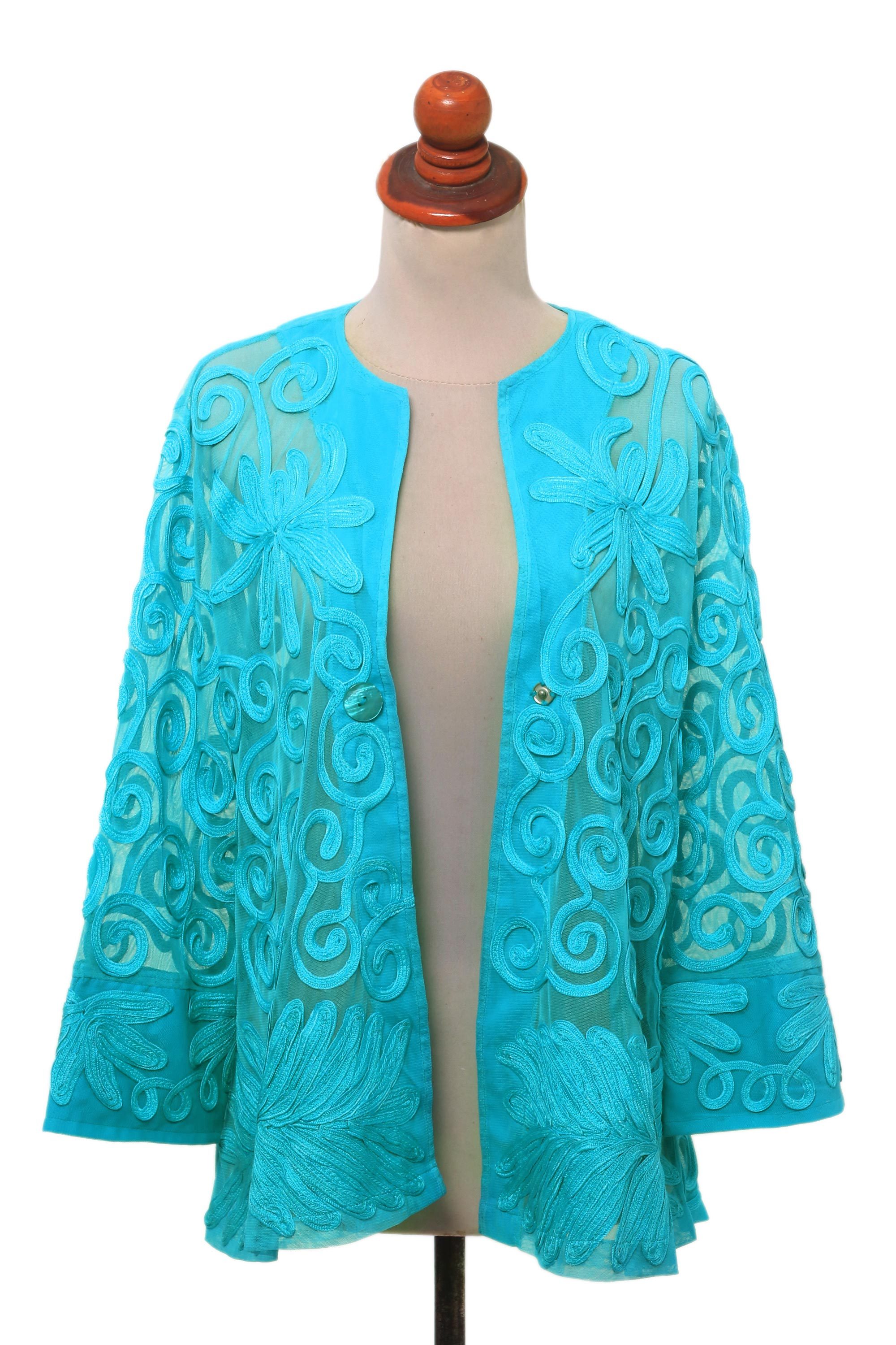 UNICEF Market | Floral Swirl Embroidered Sheer Turquoise Jacket ...