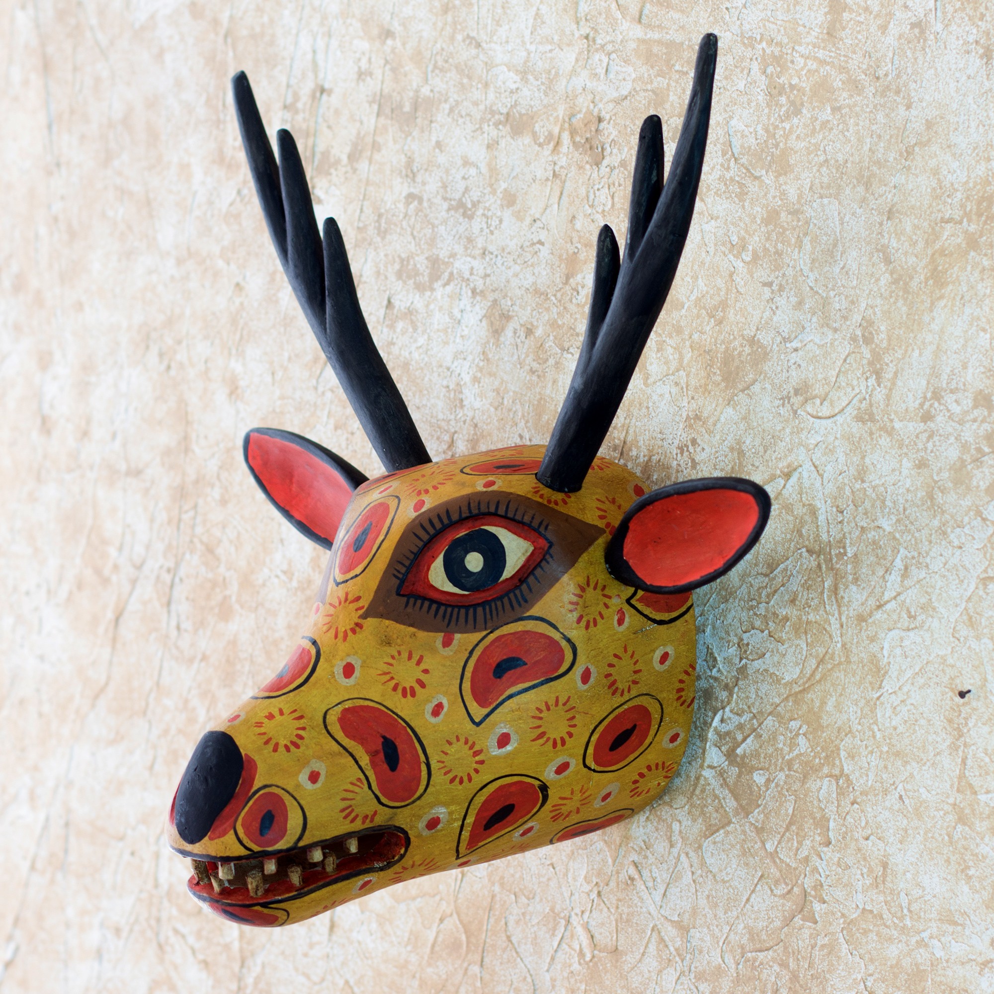 Handcrafted Wood Animal Decor Mask - Yellow Maya Deer | NOVICA