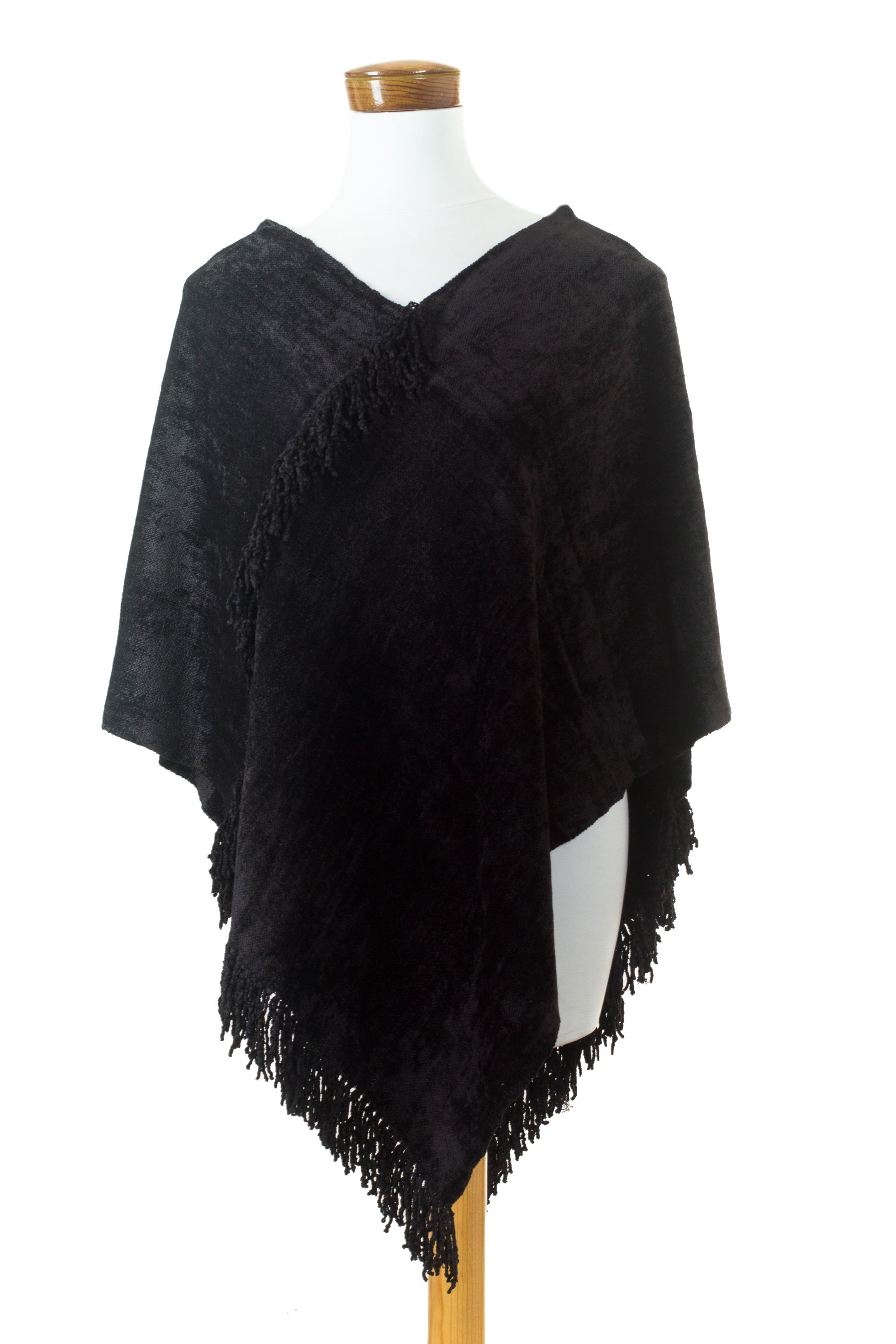 Black Handcrafted Cotton Blend Poncho - Magical Night | NOVICA