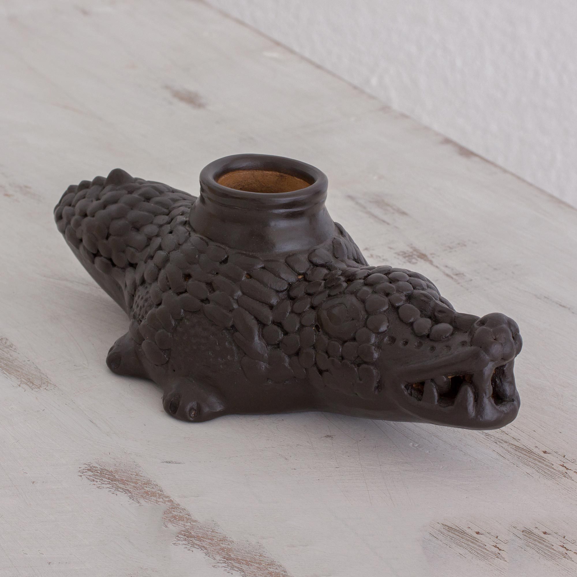 Handcrafted Ceramic Crocodile Decorative Vessel - Cafe Crocodile | NOVICA