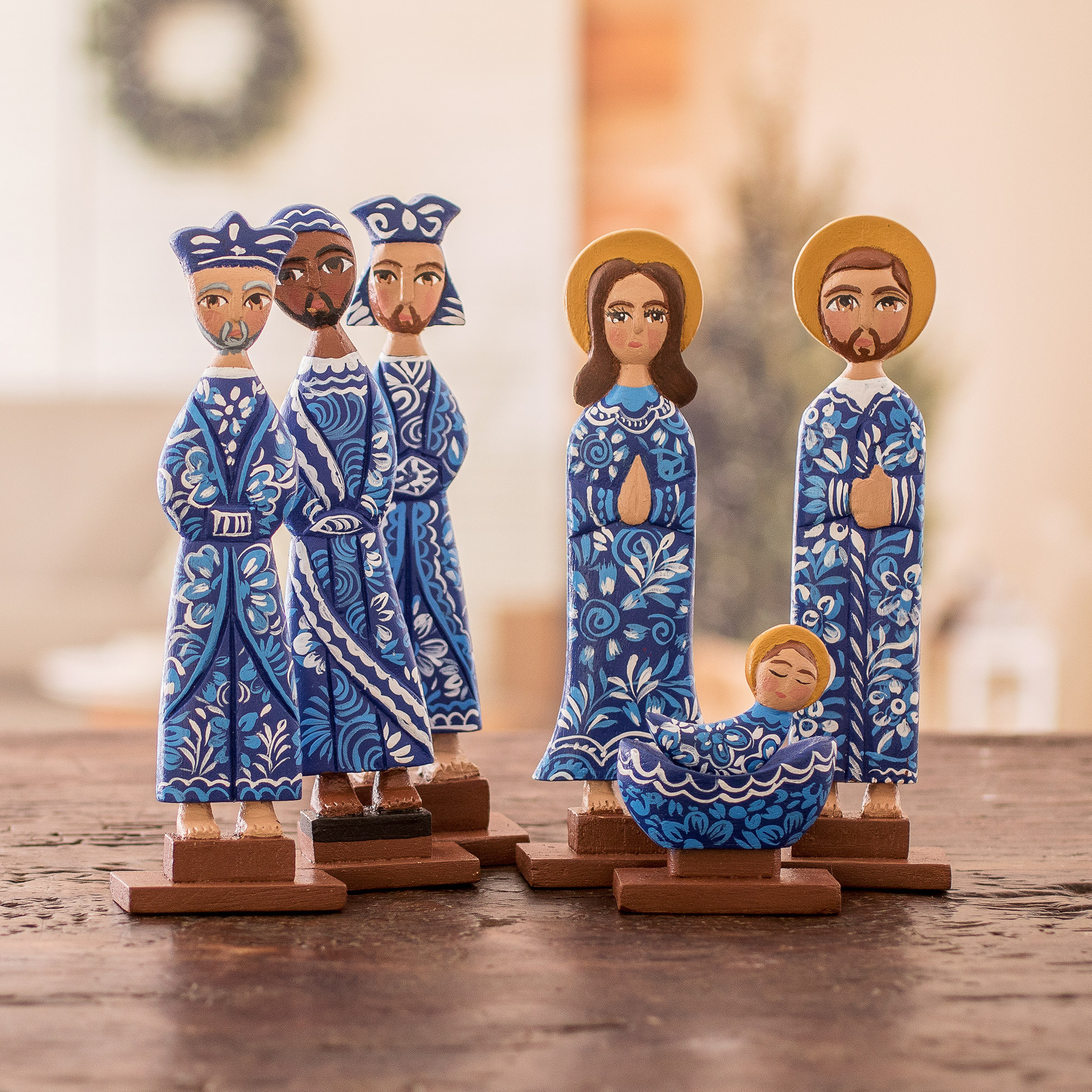 UNICEF Market | Handcrafted Blue and White Wood Nativity Scene (7 Piece ...