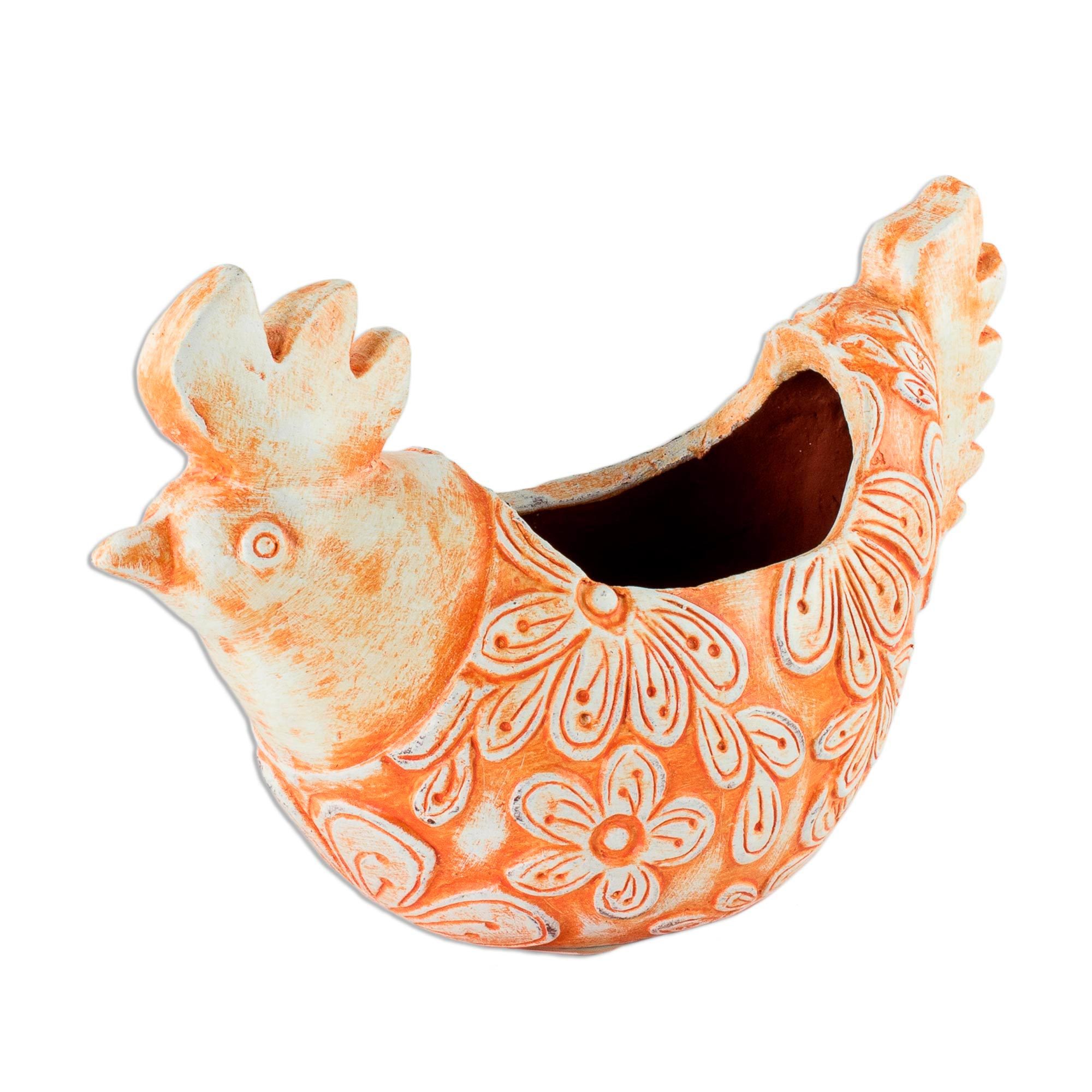 Handcrafted Ceramic Orange Hen Flower Pot from El Salvador - Roosting ...