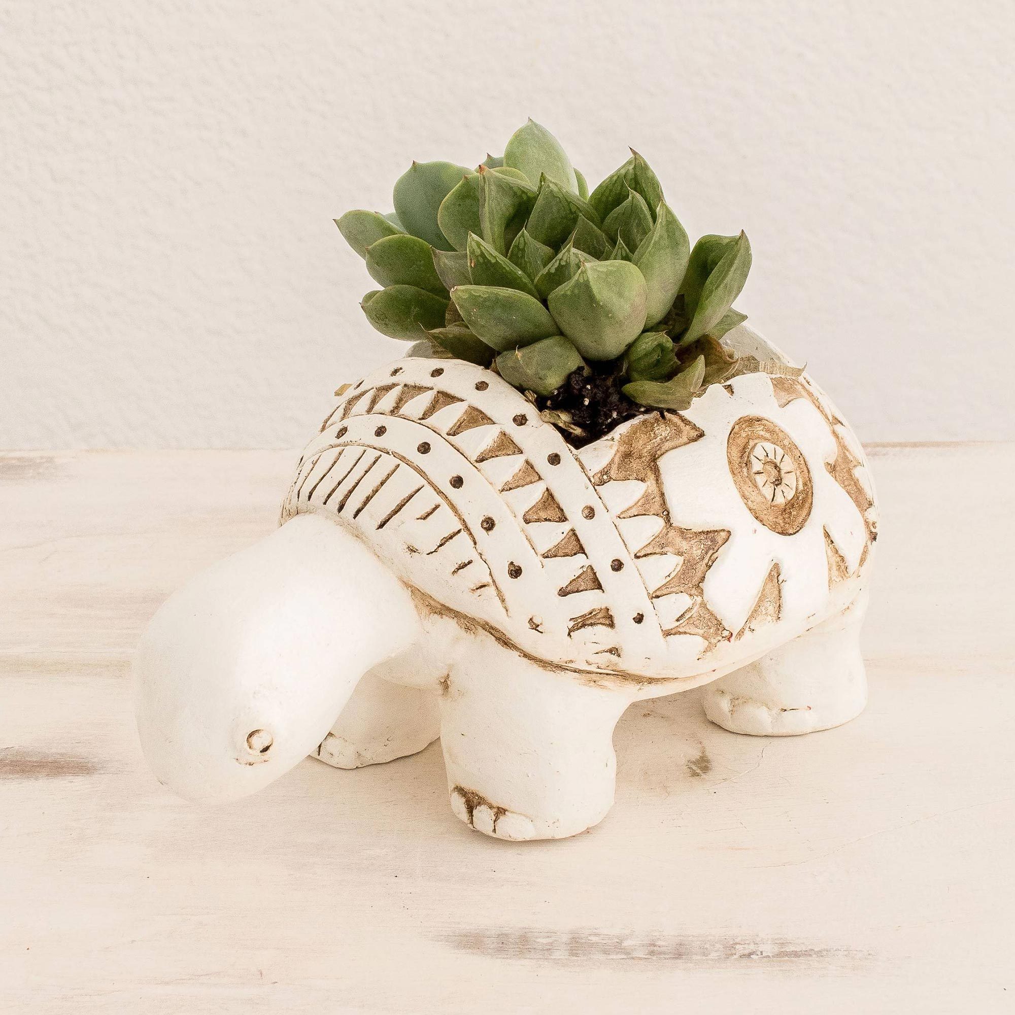 Busy White Ceramic Turtle Flower Pot from El Salvador - Busy White ...