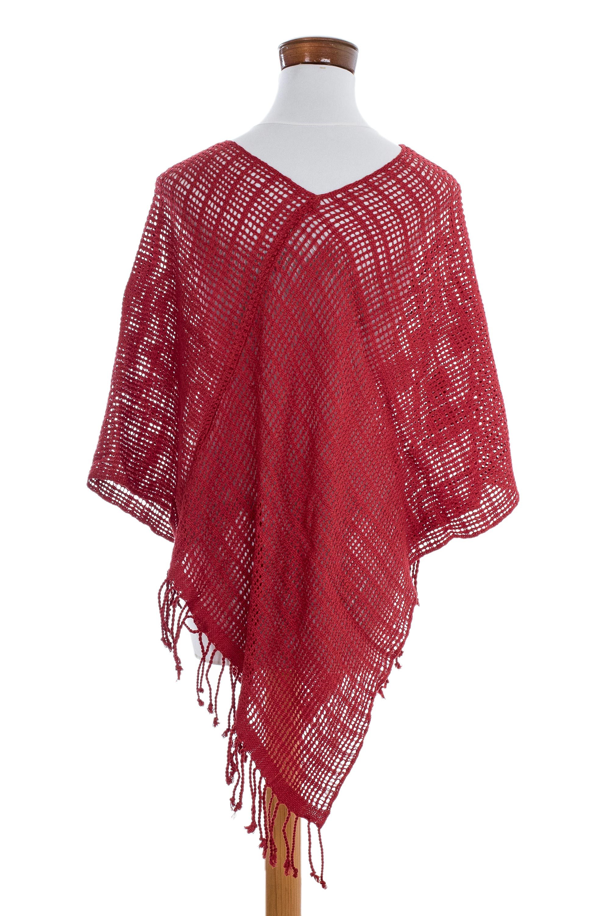 Bright Red Open Weave Cotton Poncho - Fresh Chili | NOVICA