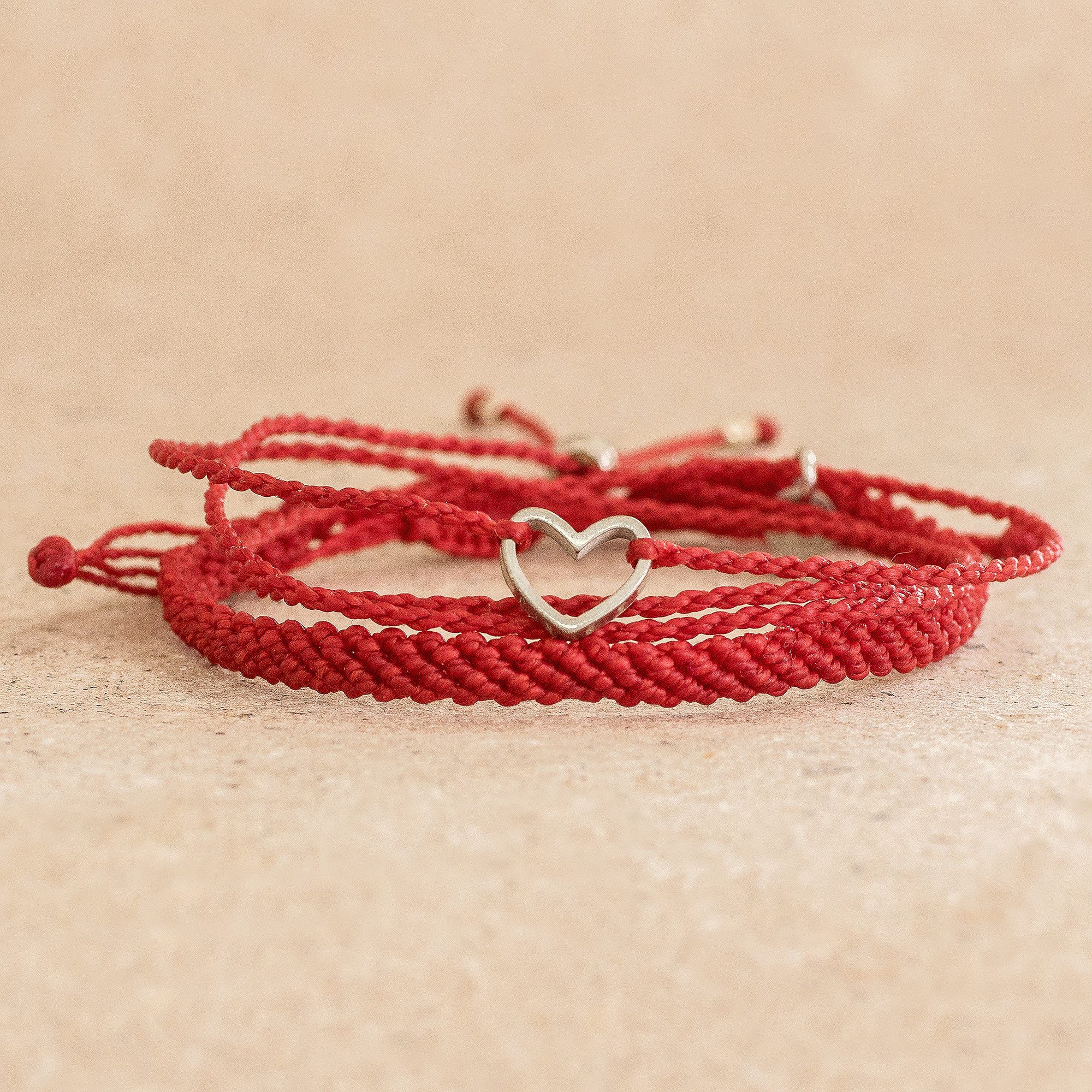 Adjustable Red Macrame Bracelets (Pair) - All Heart | NOVICA