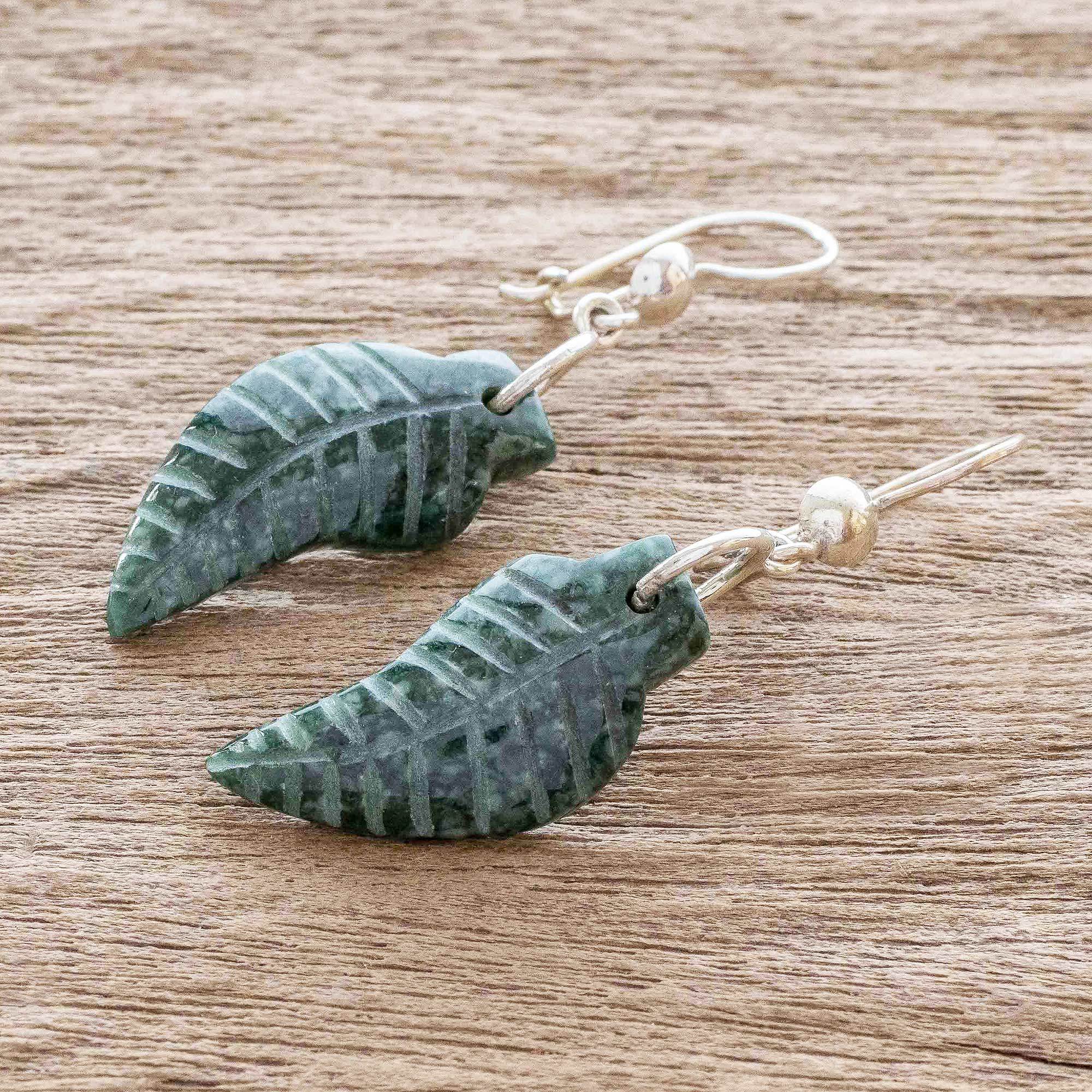 Carved Jade Leaf Earrings - Maya Leaf | NOVICA
