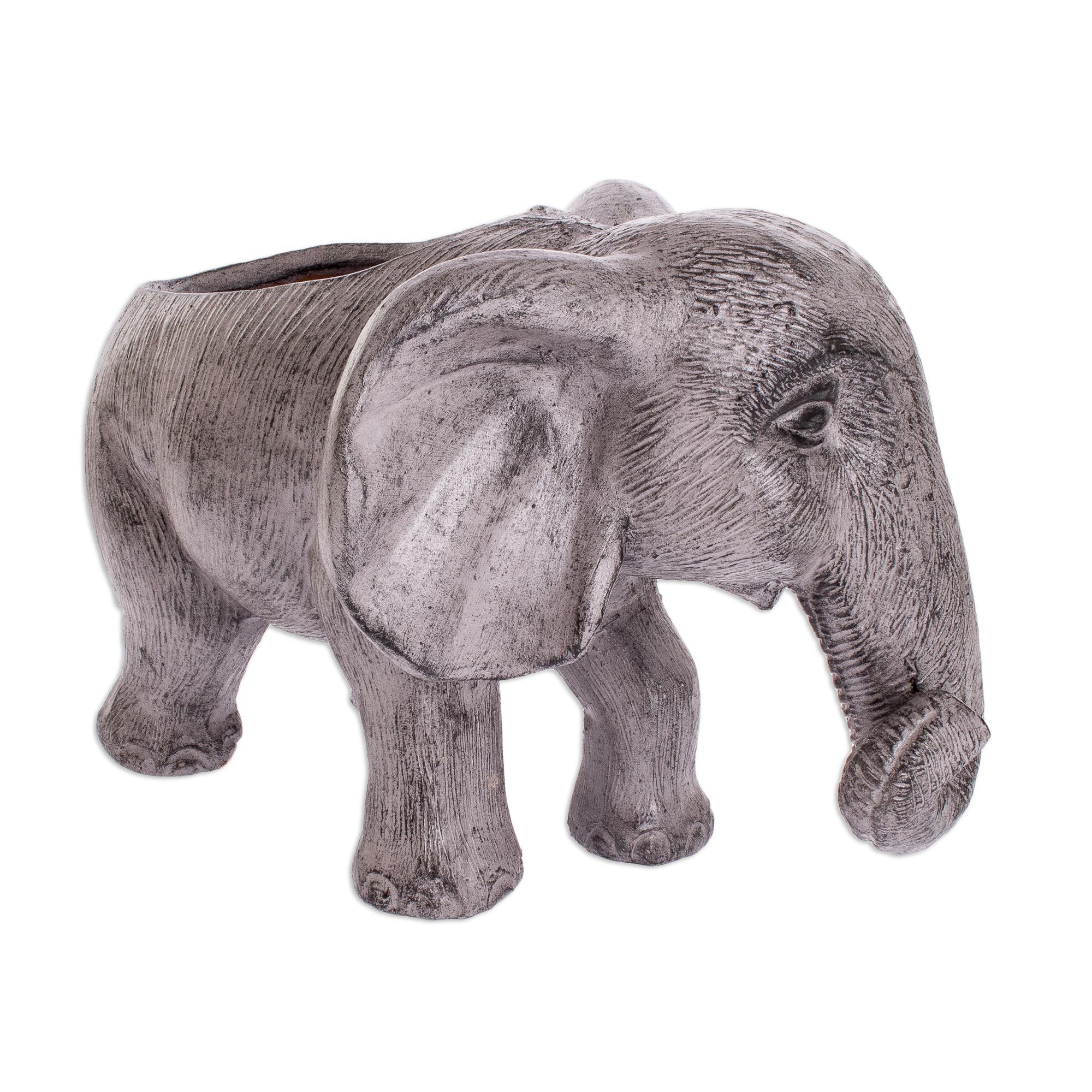 Black Elephant Flower Pot - Rustic Elephant in Black | NOVICA