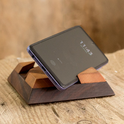 Hand-Carved Salmwood Phone Stand with Geometric Details - Modern Altar ...