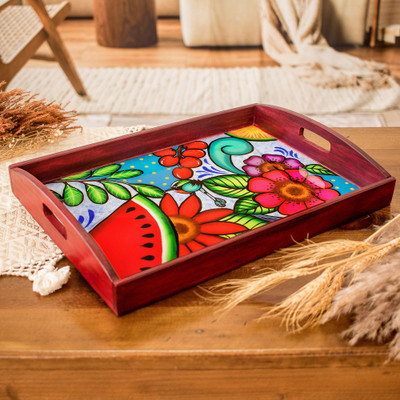 Hand-Painted Tropical Bird-Themed Red Pinewood Tray - The Motmot's ...