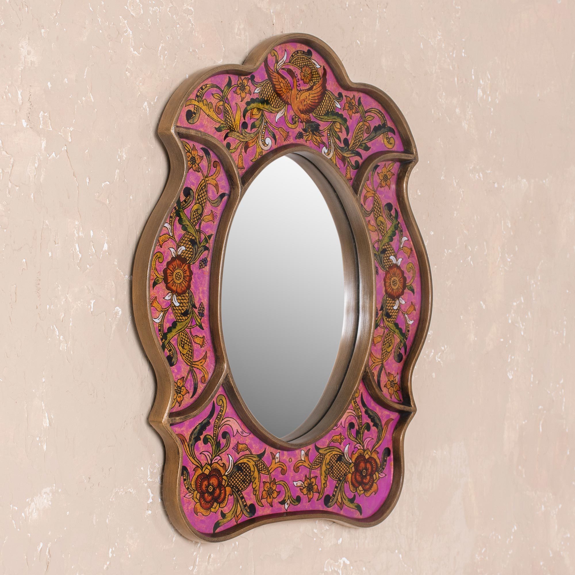 UNICEF Market | Unique Hand Painted Floral Themed Mirror - Bird of Paradise