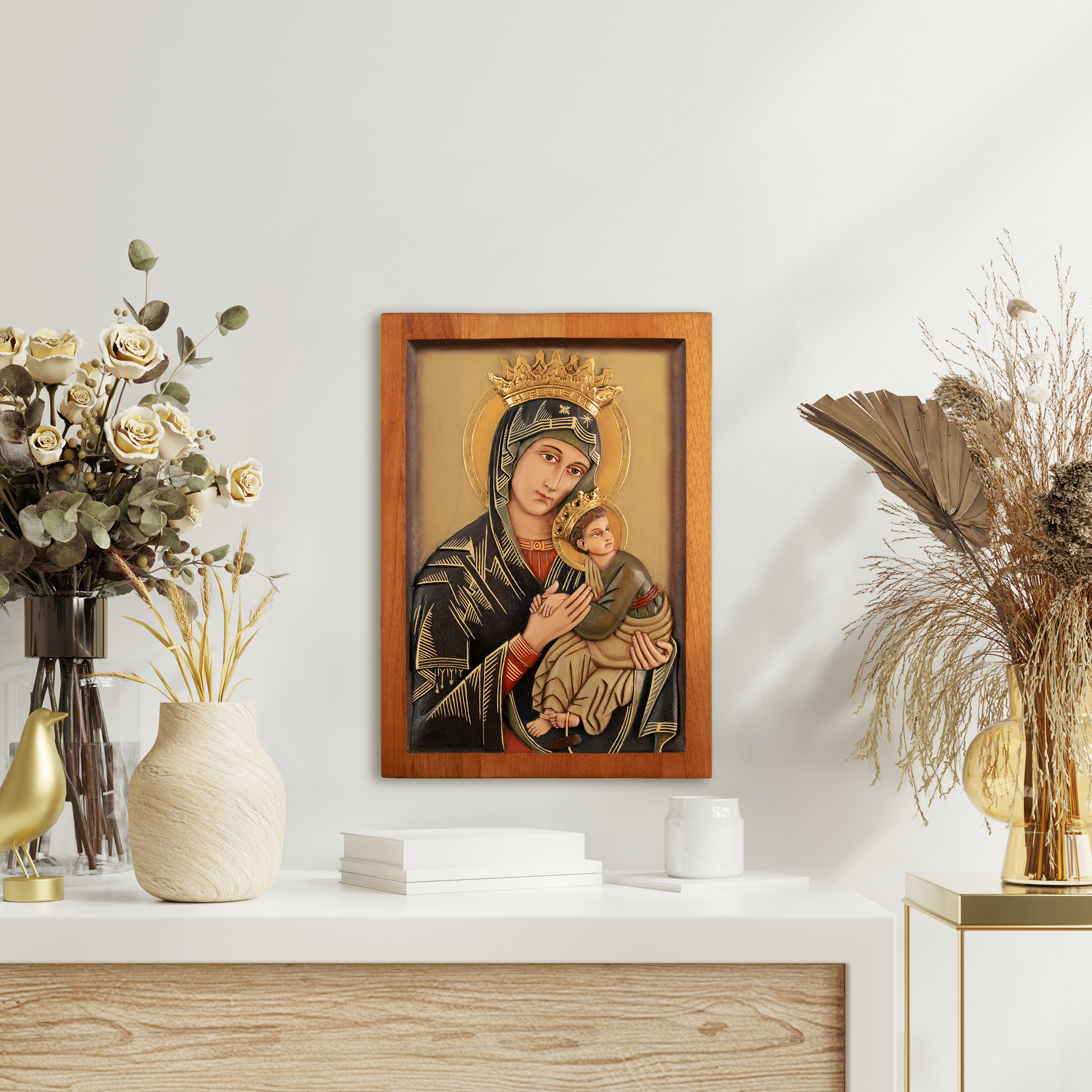 Hand Made Cedar Relief Panel - Our Lady of Perpetual Help | NOVICA
