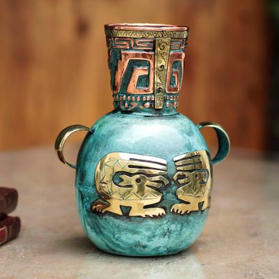 Handcrafted Inca Bronze and Copper Vase - Inca Fishermen | NOVICA