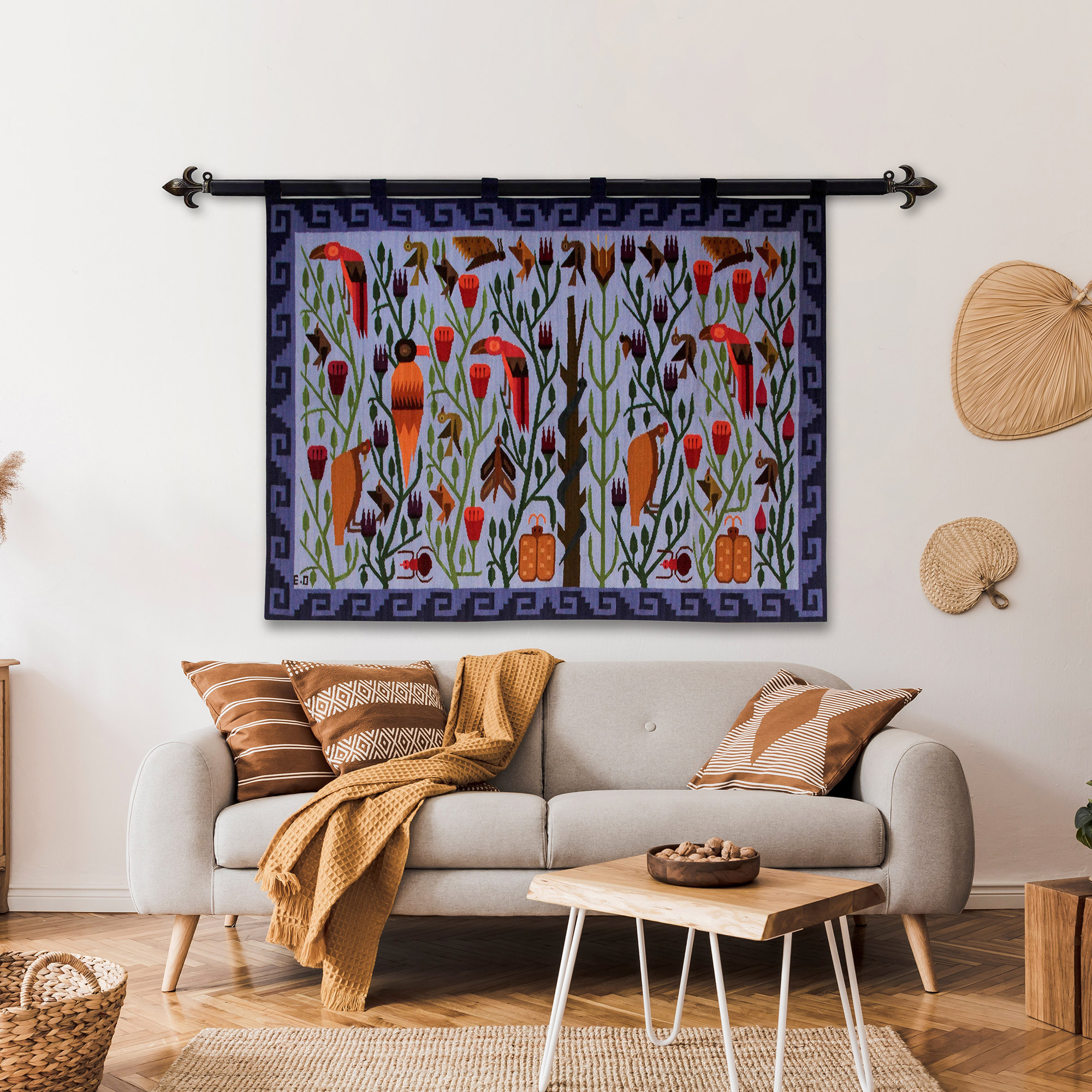 Blue Handwoven Tapestry with Birds (4x5) - Blue Tropical Forest | NOVICA