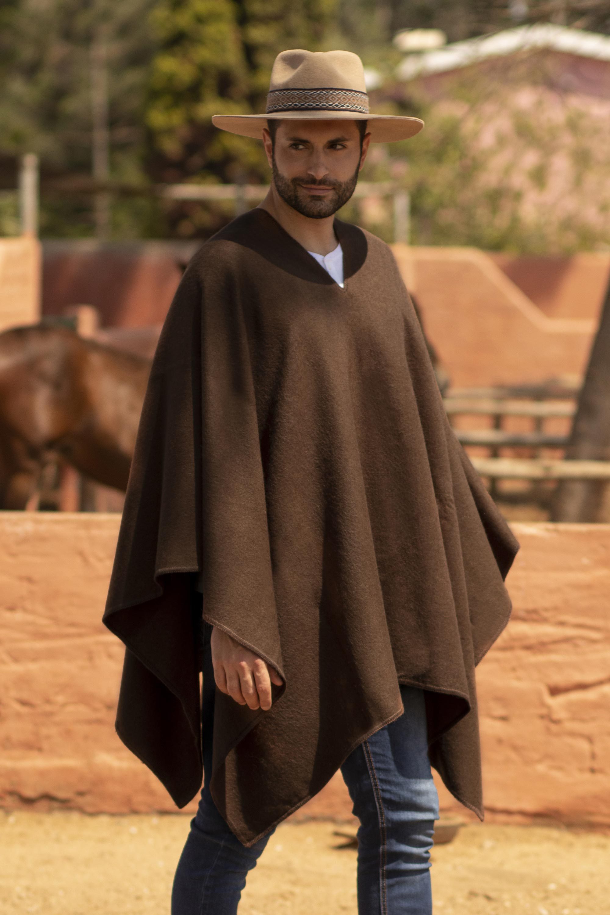 Men's Alpaca Poncho with V-neck from Peru - Inca Explorer in Dark Brown ...