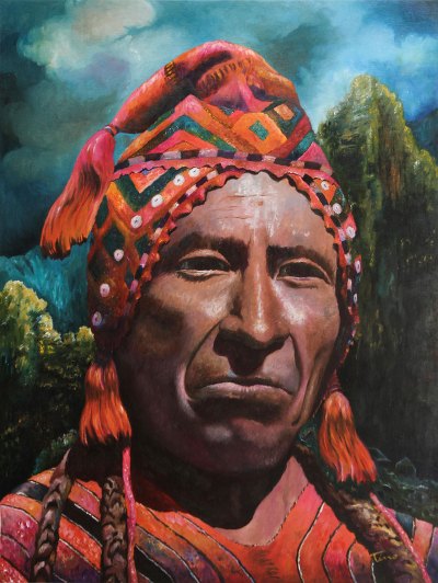 Inca Descendant Oil on Canvas Portrait - Carrier | NOVICA