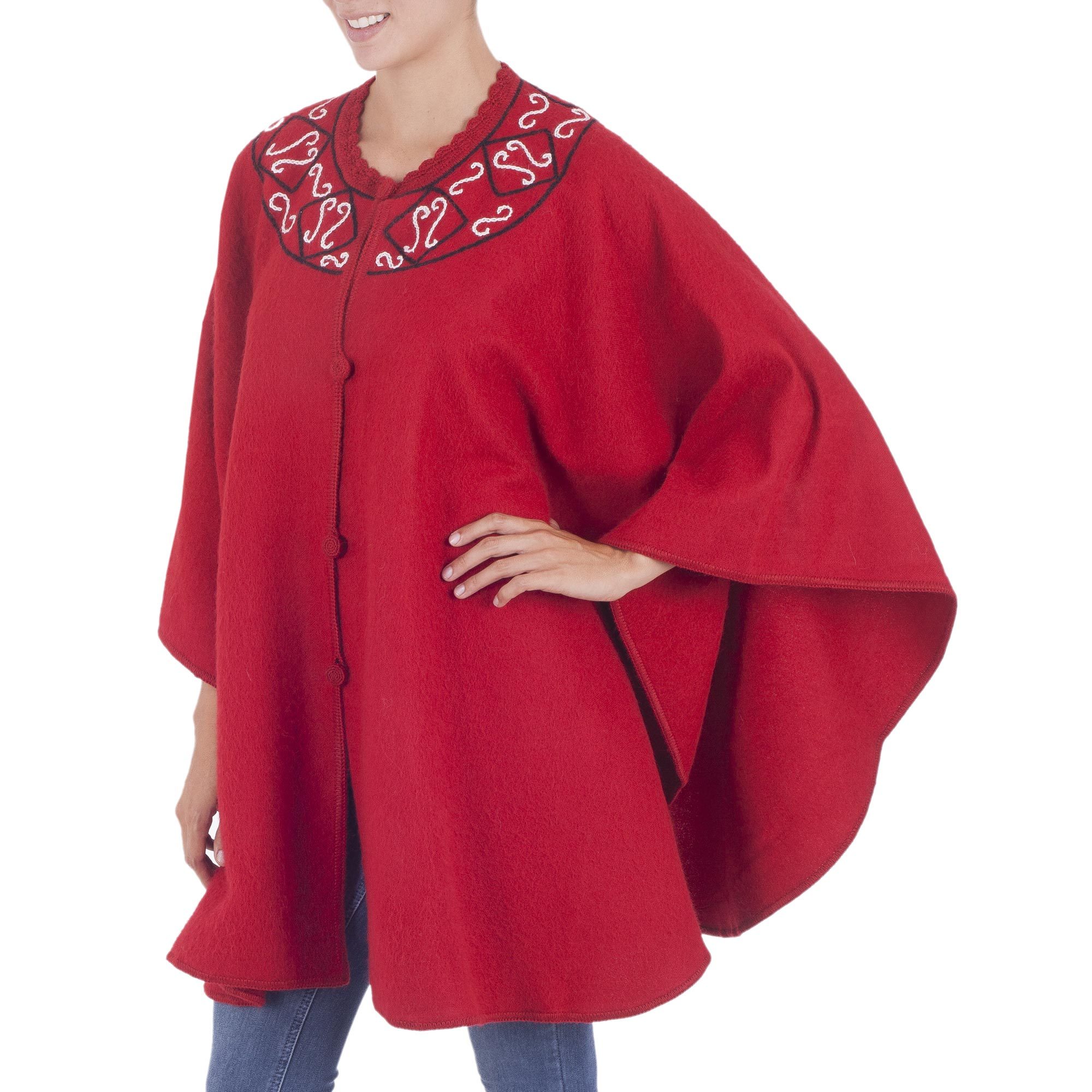 UNICEF Market | Red Alpaca Blend Ruana Cloak with Crochet Trim ...