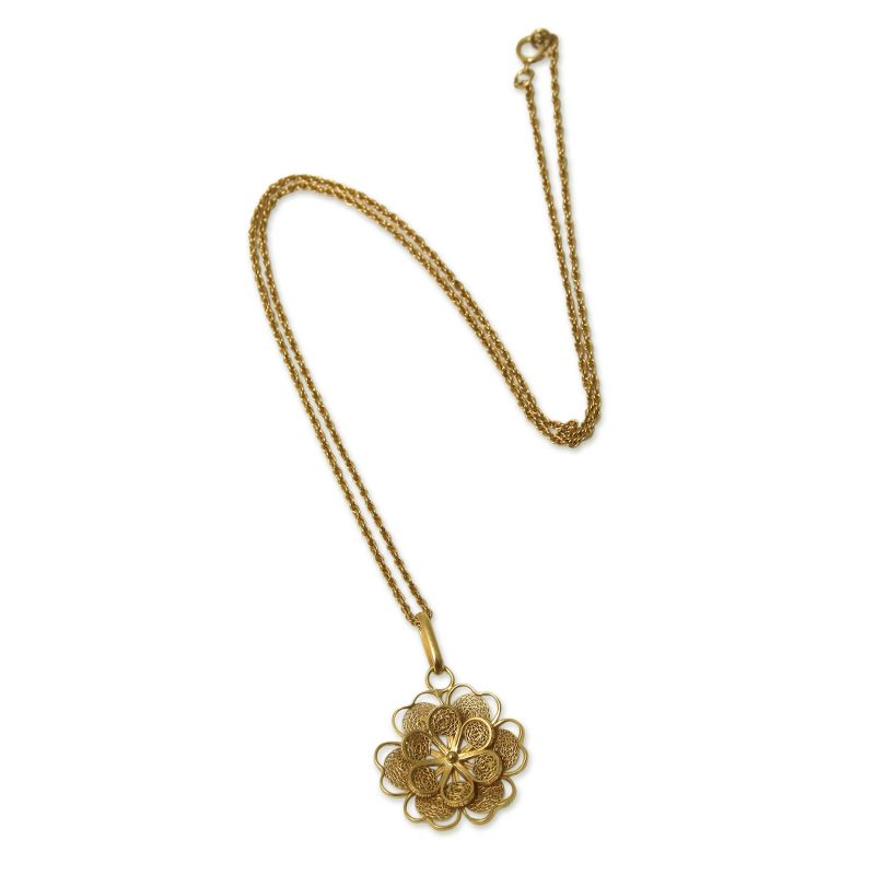 Gold Plated Silver Peruvian Filigree Flower Necklace - Yellow Rose | NOVICA