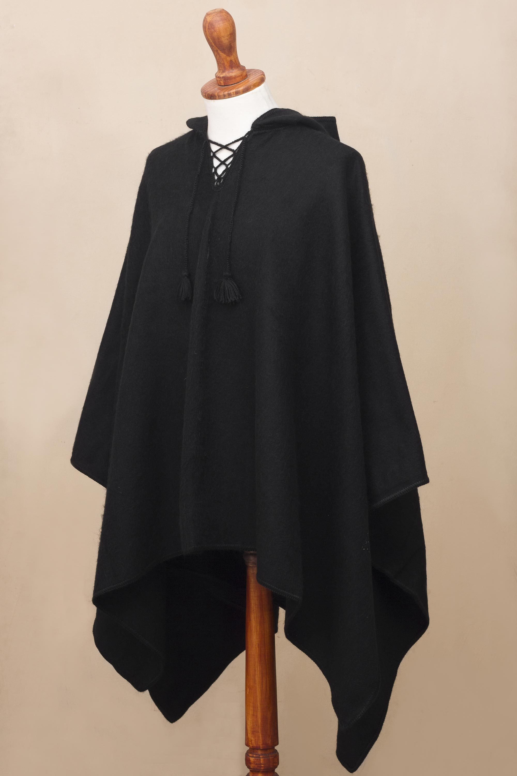 Andean Alpaca Blend Black Men's Poncho with Hood - Ebony | NOVICA