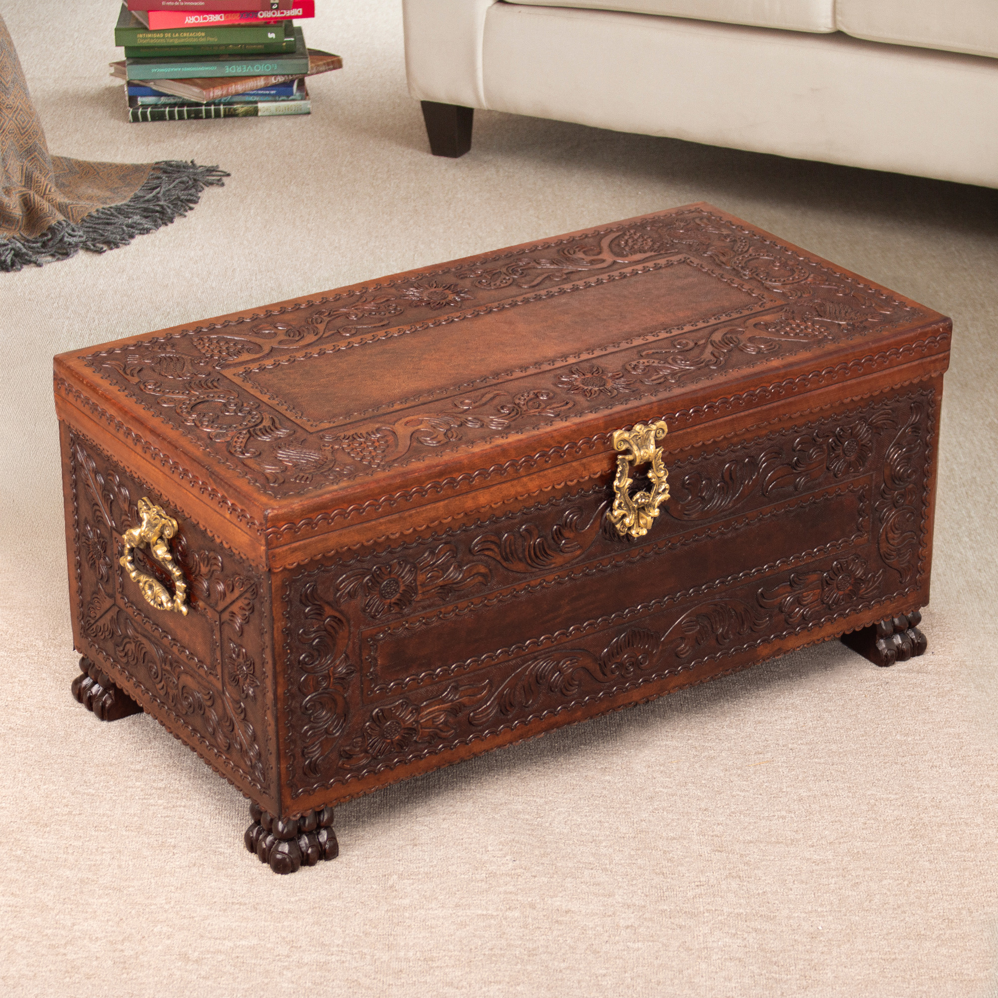 Bird Theme Andean Tooled Leather Hardwood Hope Chest - Vineyard Birds ...