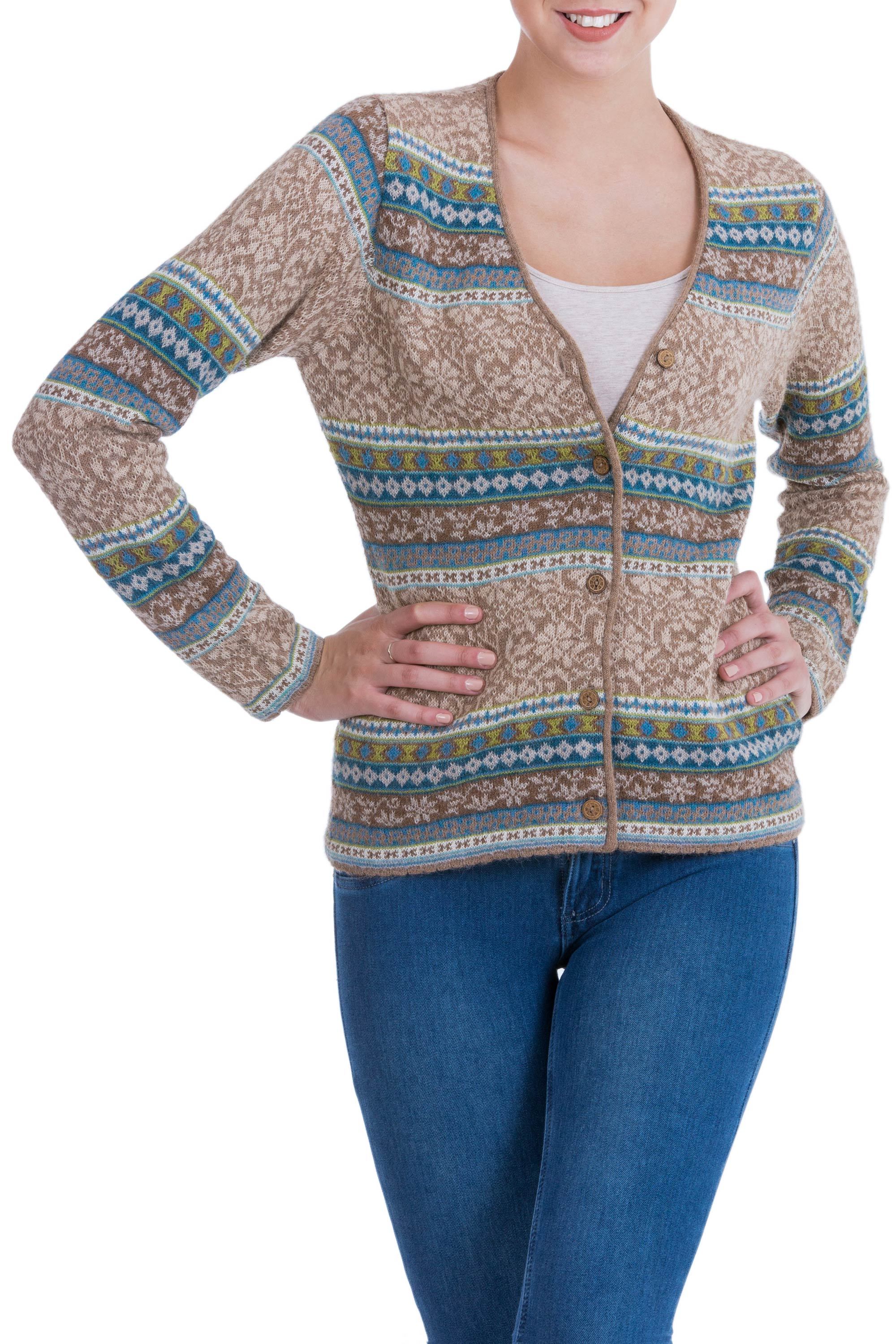 UNICEF Market | 100% Alpaca Cardigan in Tan Floral Motifs from Peru ...
