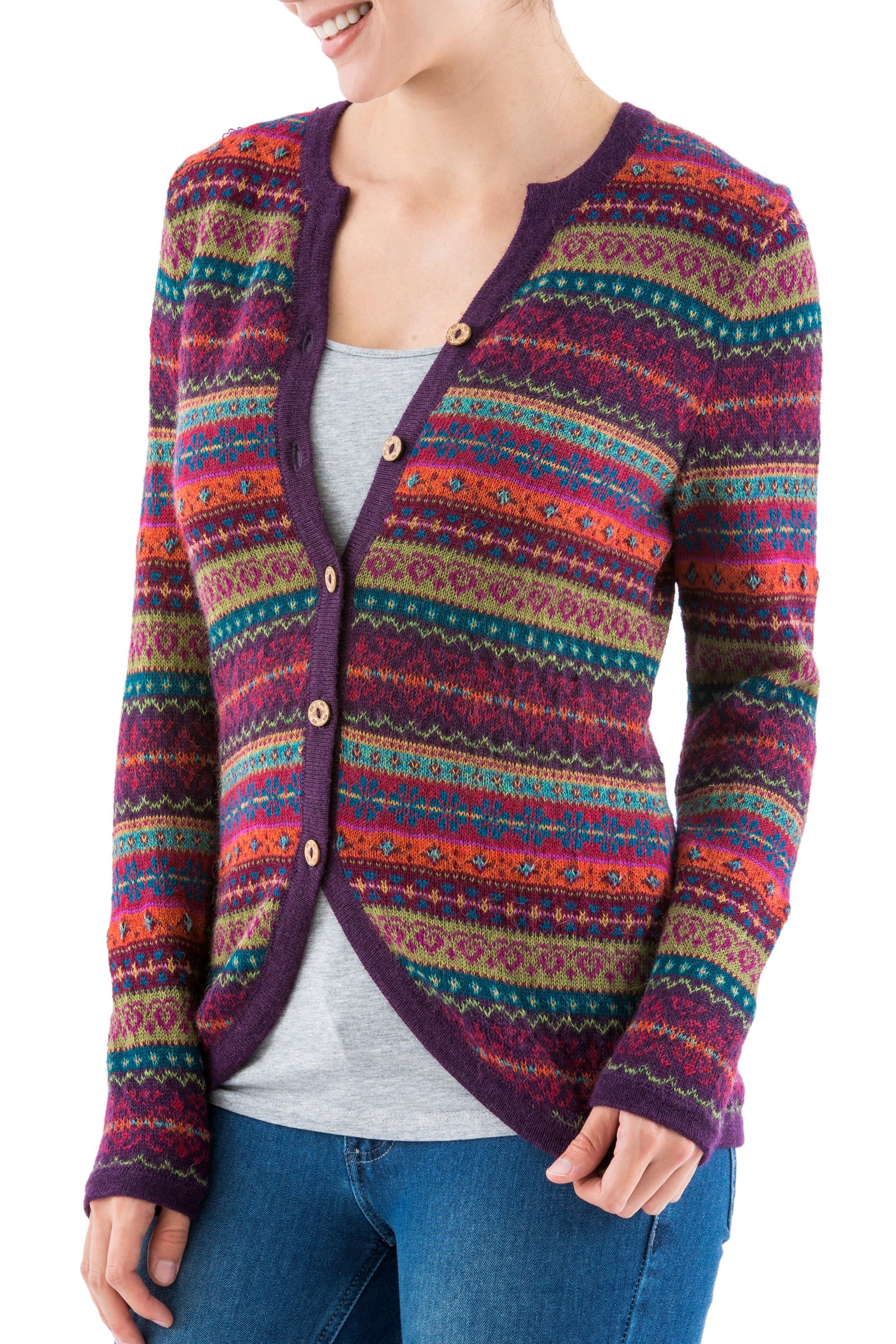 UNICEF Market | 100% Alpaca Cardigan in Eggplant Floral Motifs from ...