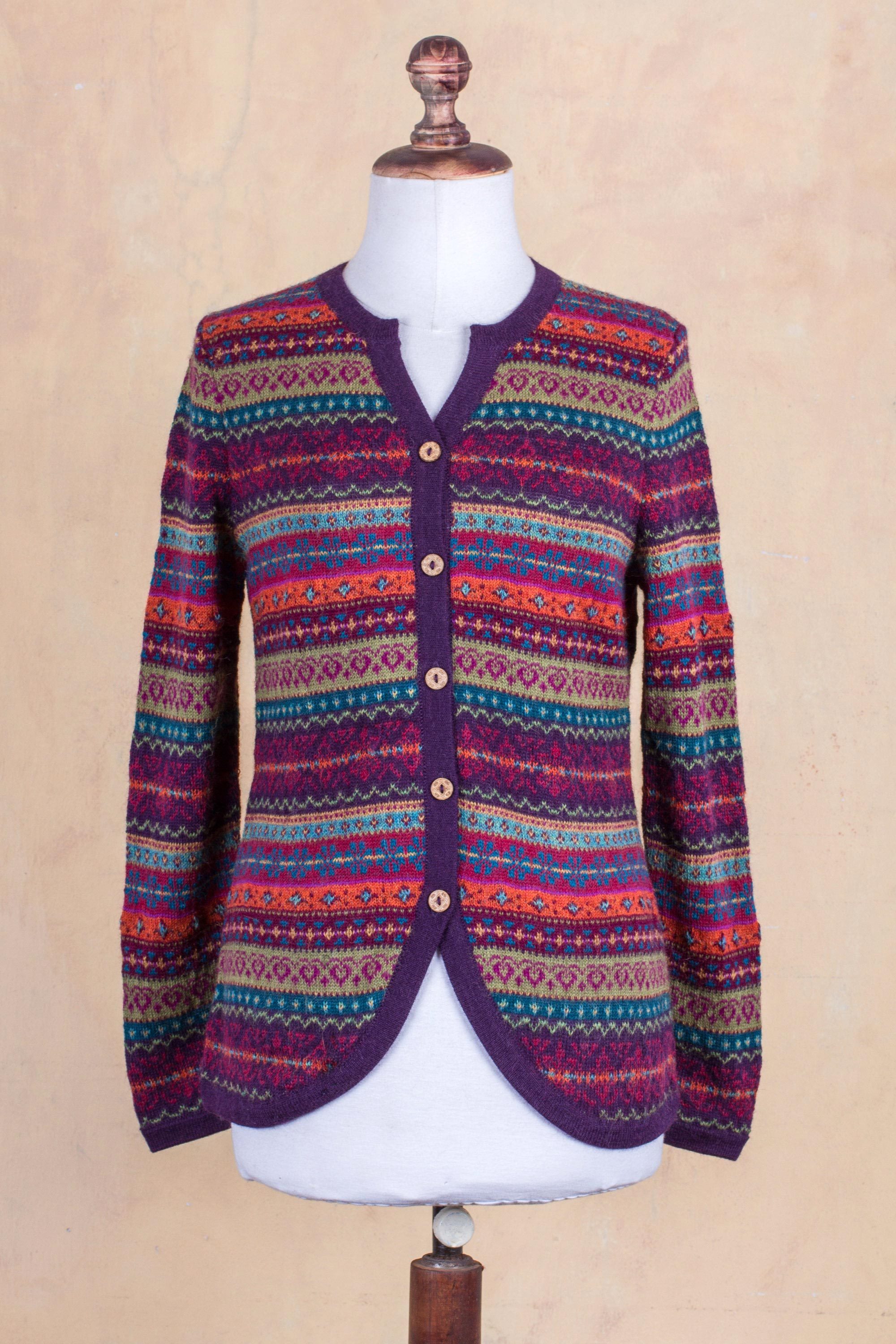 UNICEF Market | 100% Alpaca Cardigan in Eggplant Floral Motifs from ...