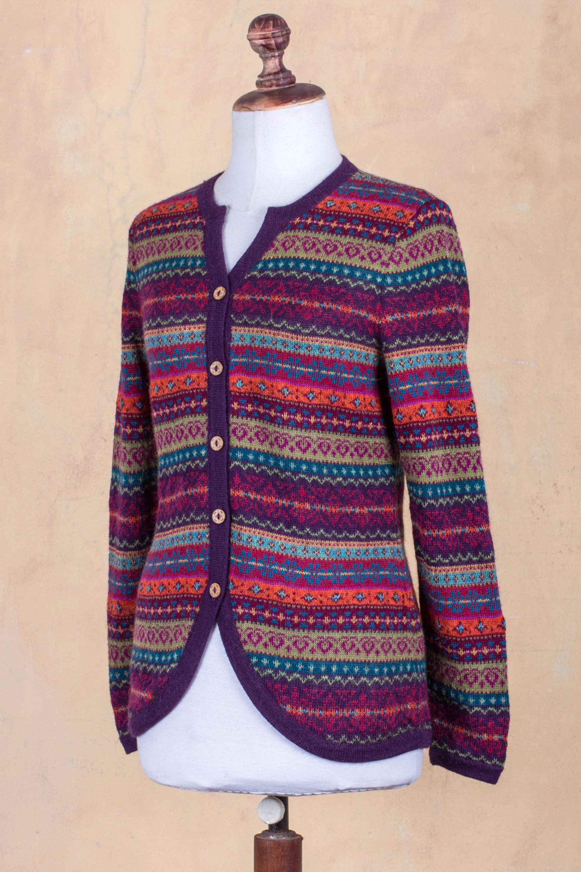 UNICEF Market | 100% Alpaca Cardigan in Eggplant Floral Motifs from ...