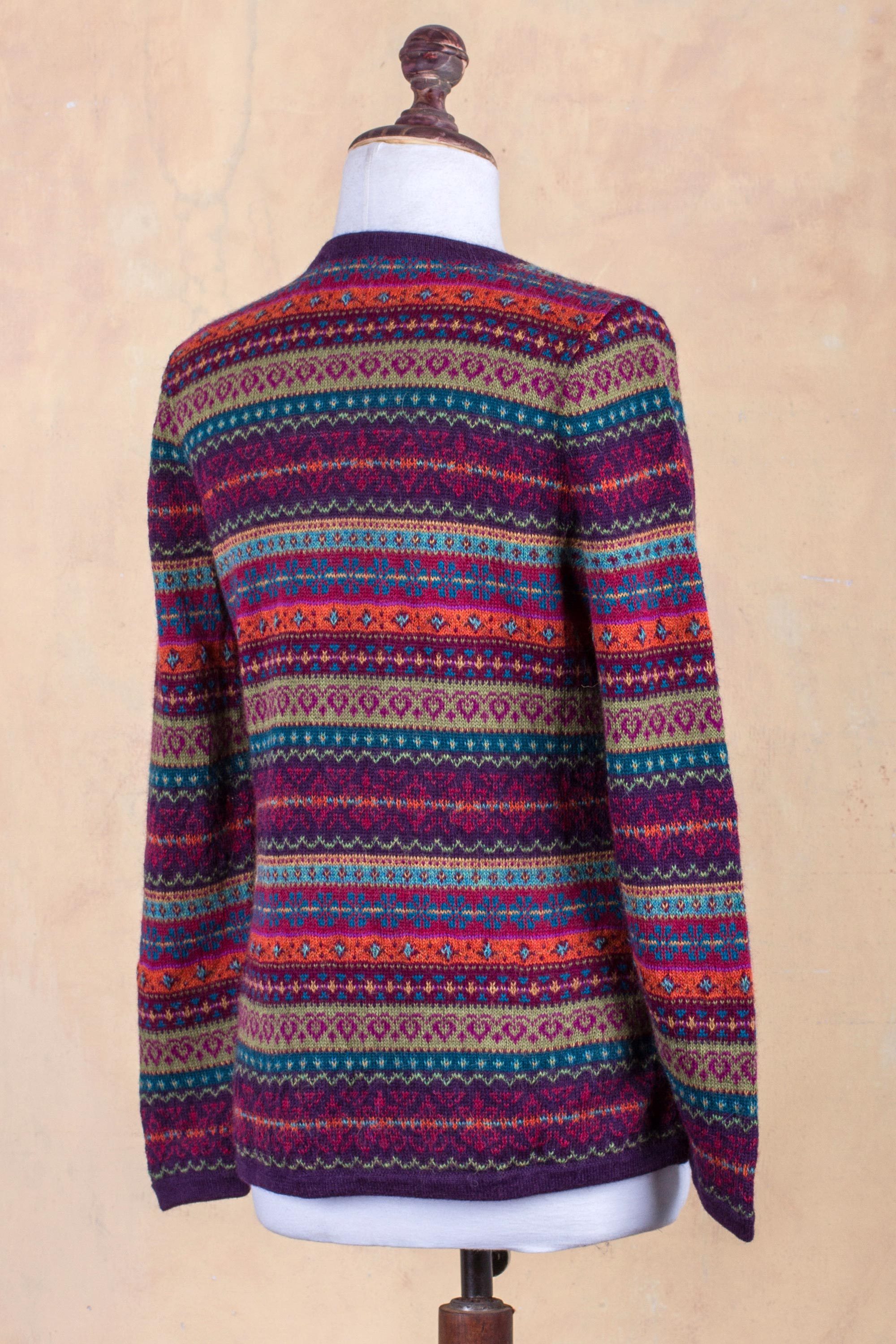 UNICEF Market | 100% Alpaca Cardigan in Eggplant Floral Motifs from ...