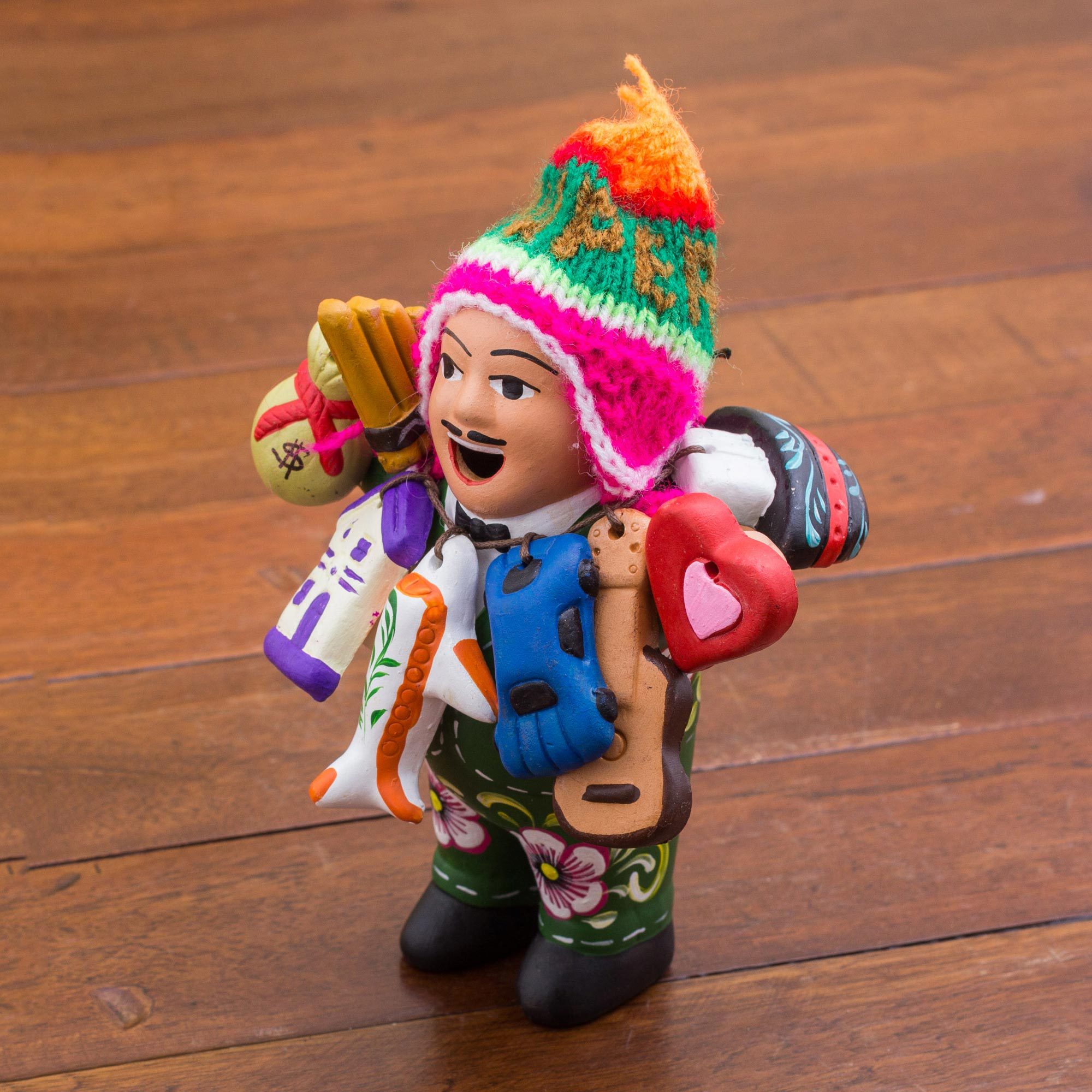 Painted Floral Ekeko Sculpture with Wool Cap from Peru - Jolly Ekeko ...