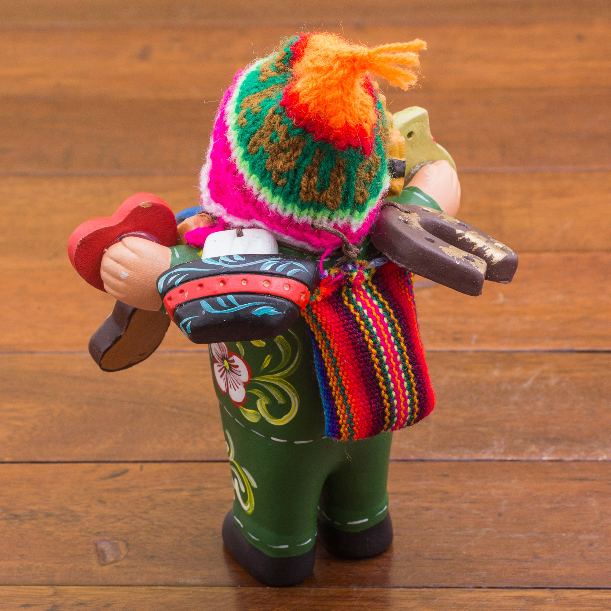 Painted Floral Ekeko Sculpture with Wool Cap from Peru - Jolly Ekeko ...