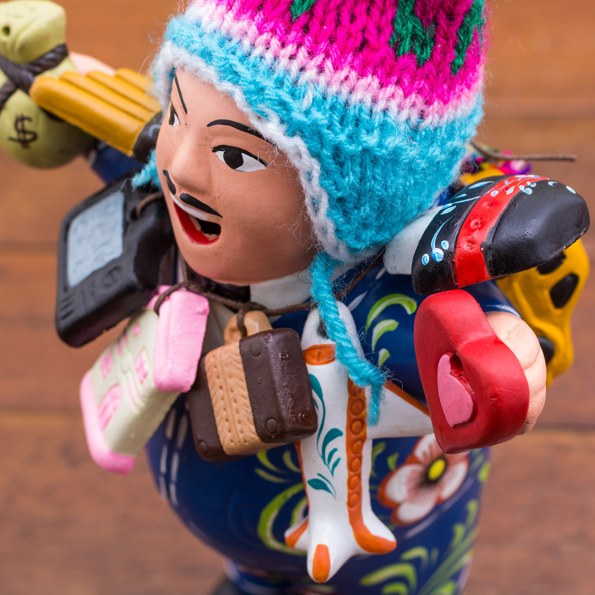 Blue Painted Ekeko Sculpture with Wool Cap from Peru - Ekeko of ...