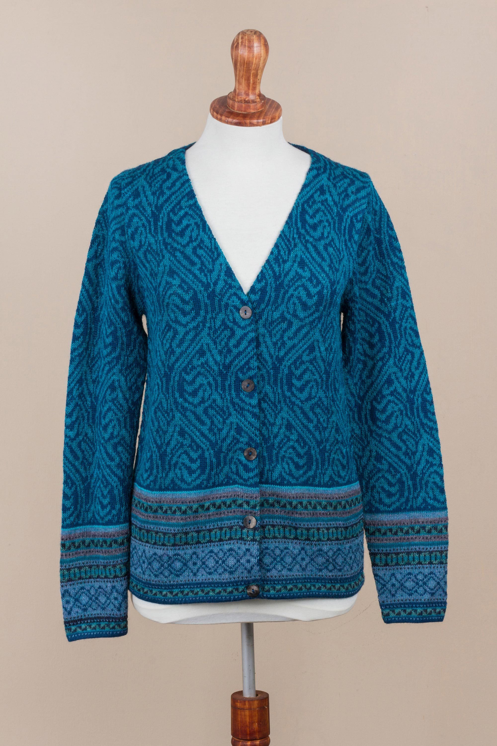 UNICEF Market | Teal 100% Alpaca Wool Cardigan Sweater from Peru ...