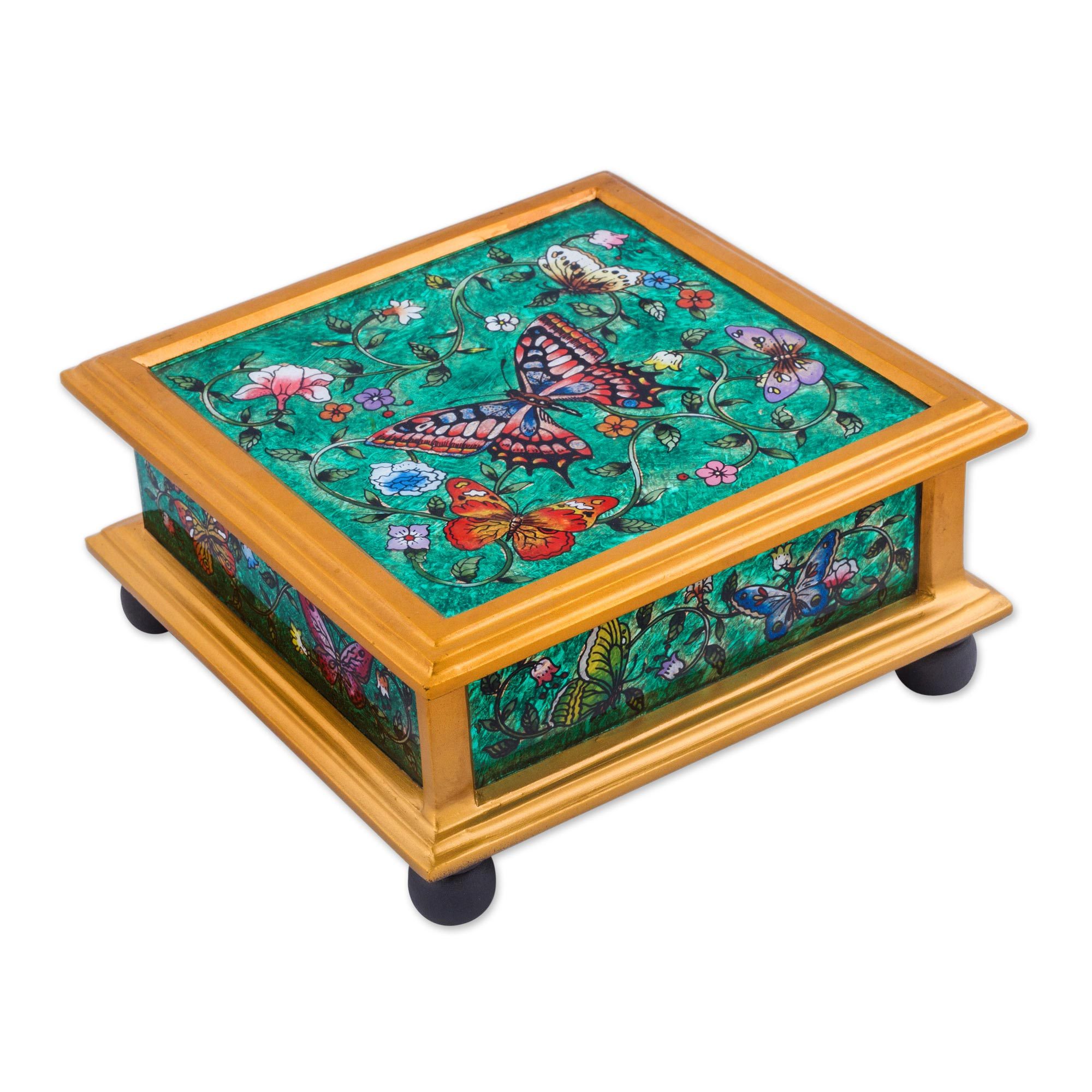 UNICEF Market | Reverse Painted Glass Teal Box with Multicolor ...