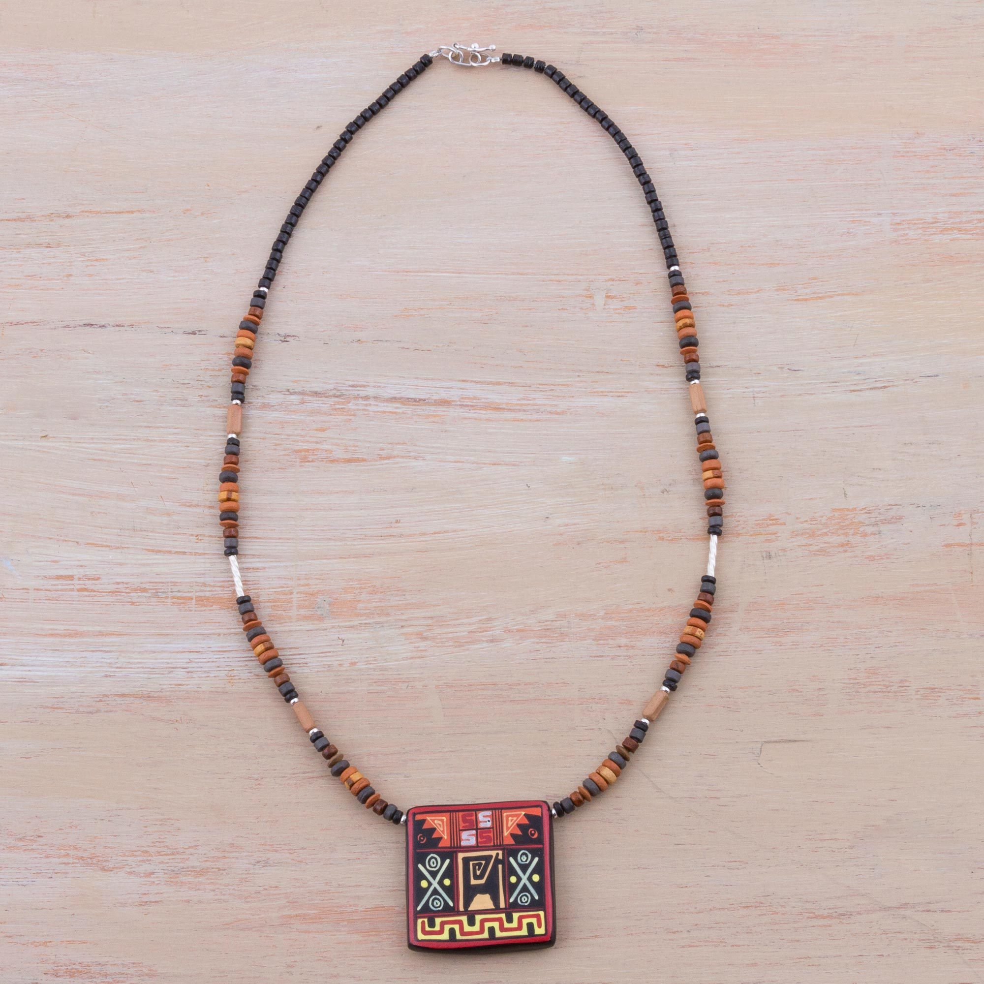Sterling Silver and Ceramic Incan Pendant Necklace from Peru - Chic ...