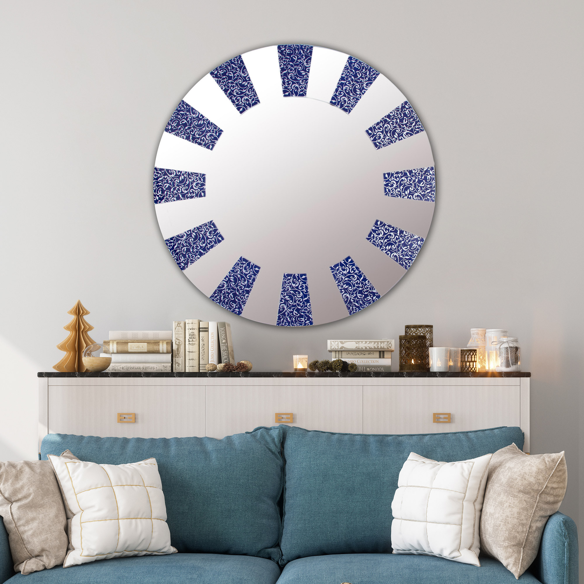 Circular Glass Wall Mirror in Blue from Peru - Blue Rays | NOVICA