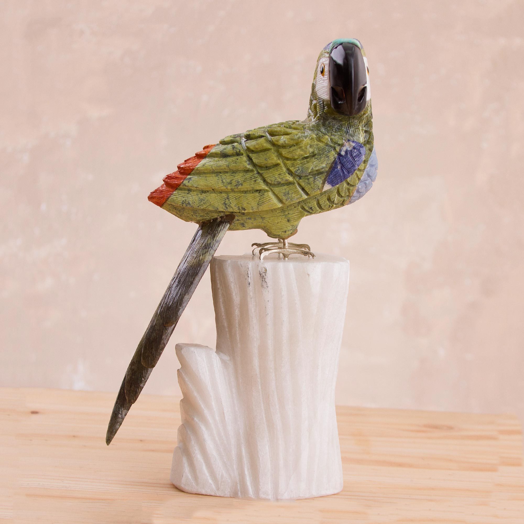 Multi-Gemstone Hand Carved Parrot Statuette - Amazonian Parrot | NOVICA