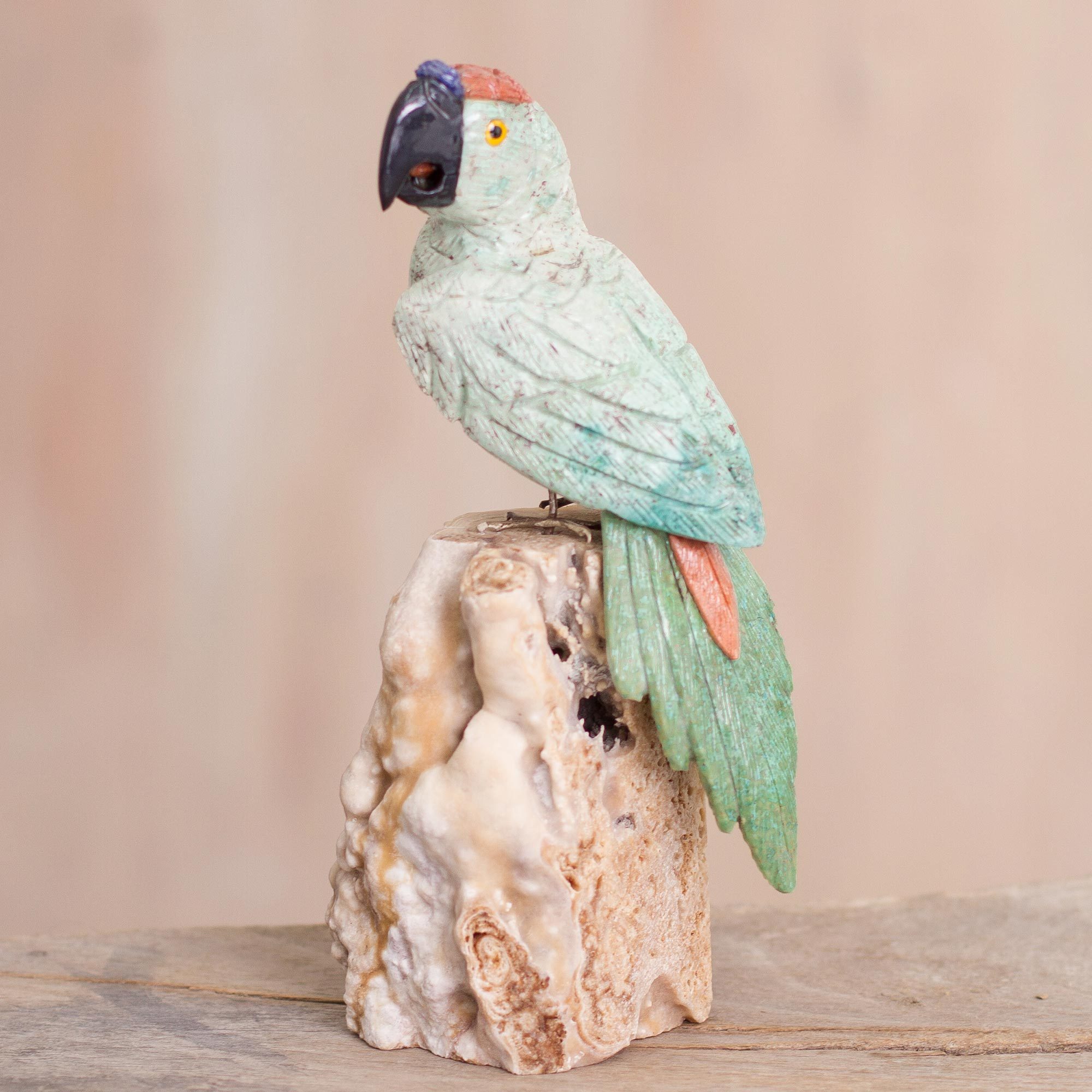 Gemstone Parrot Sculpture in Green from Peru - Watchful Parrot | NOVICA