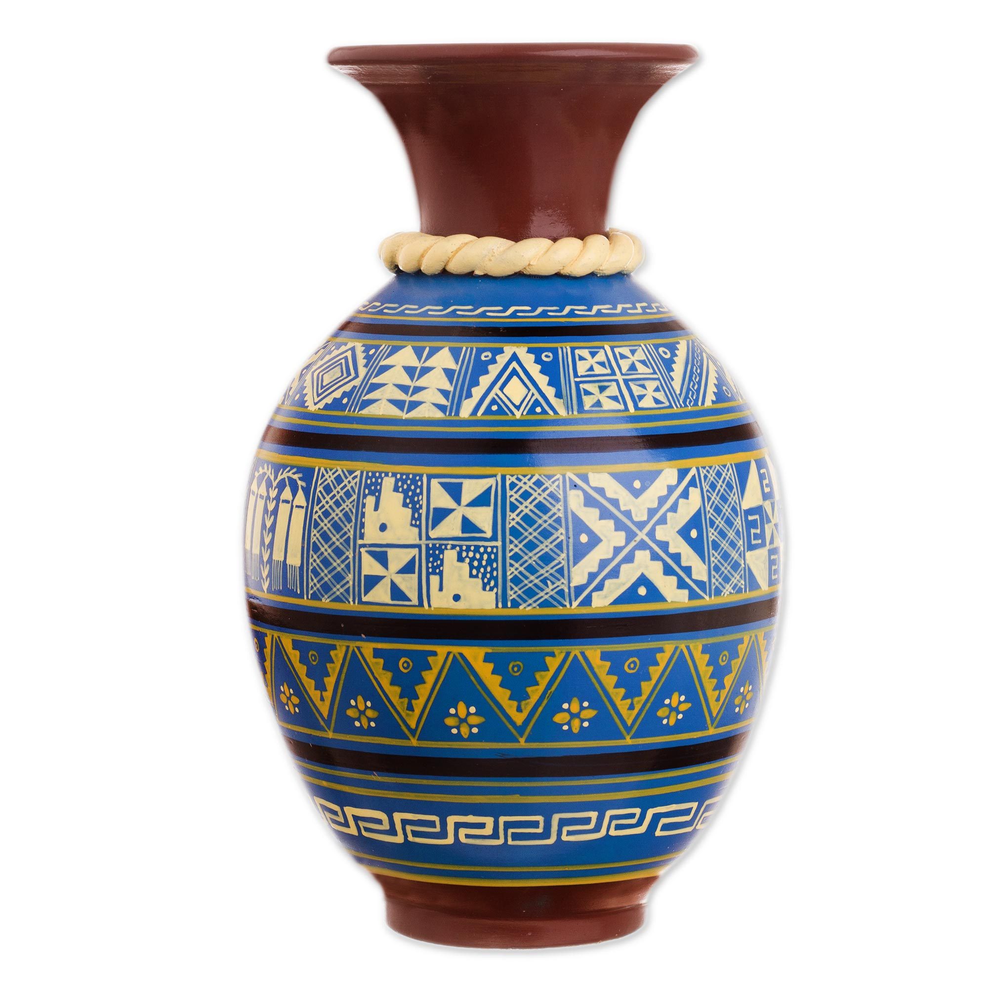 Inca-Inspired Hand-Painted Ceramic Decorative Vase in Blue - Inca Sky ...