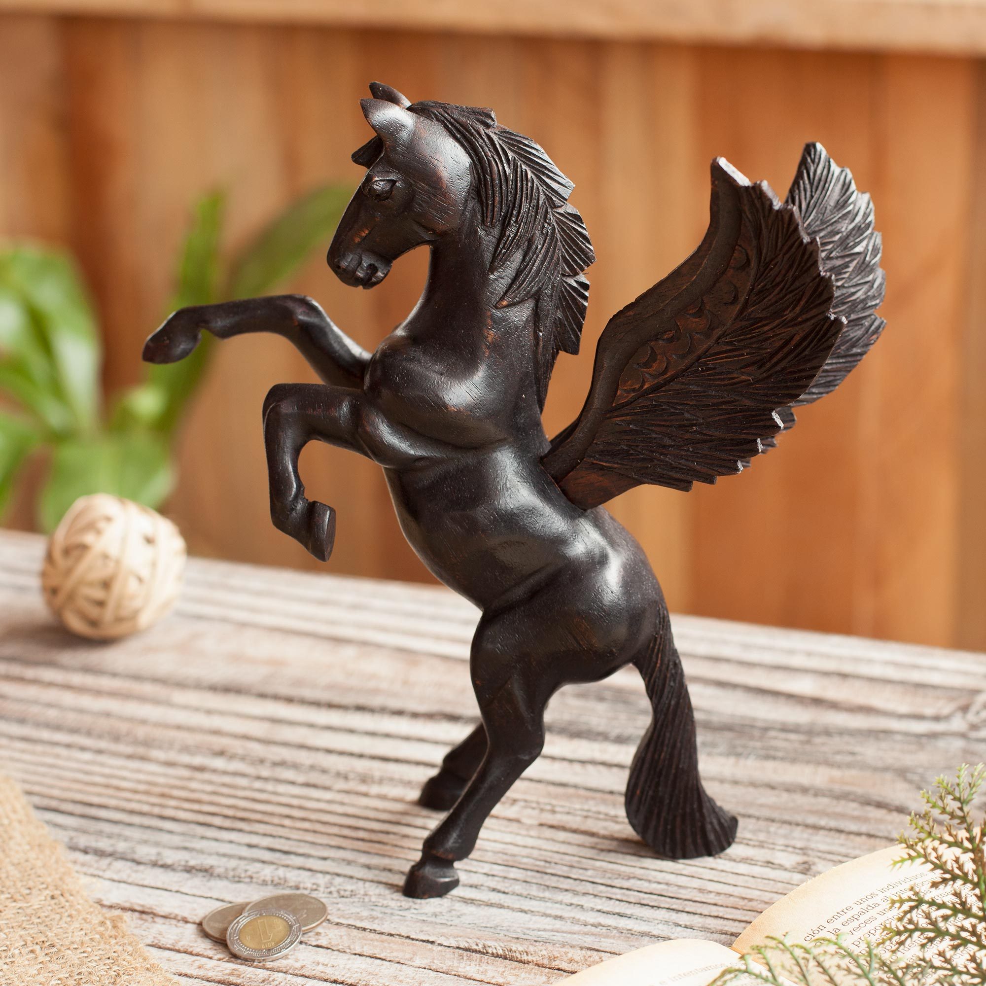 Hand-Carved Cedar Wood Pegasus Sculpture from Peru - Magic Pegasus | NOVICA