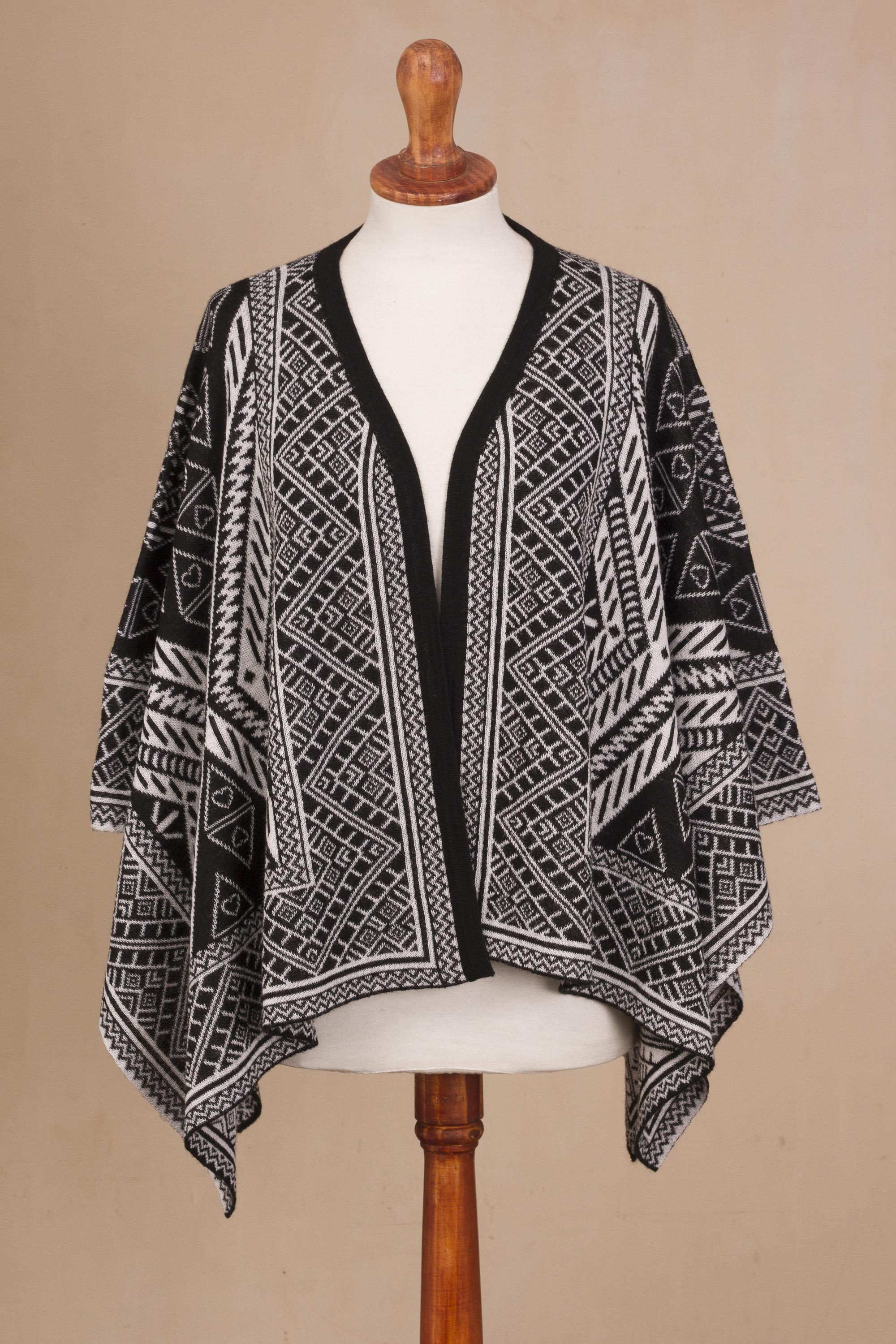UNICEF Market | Black and White Alpaca Blend Ruana from Peru - Stylish Ace