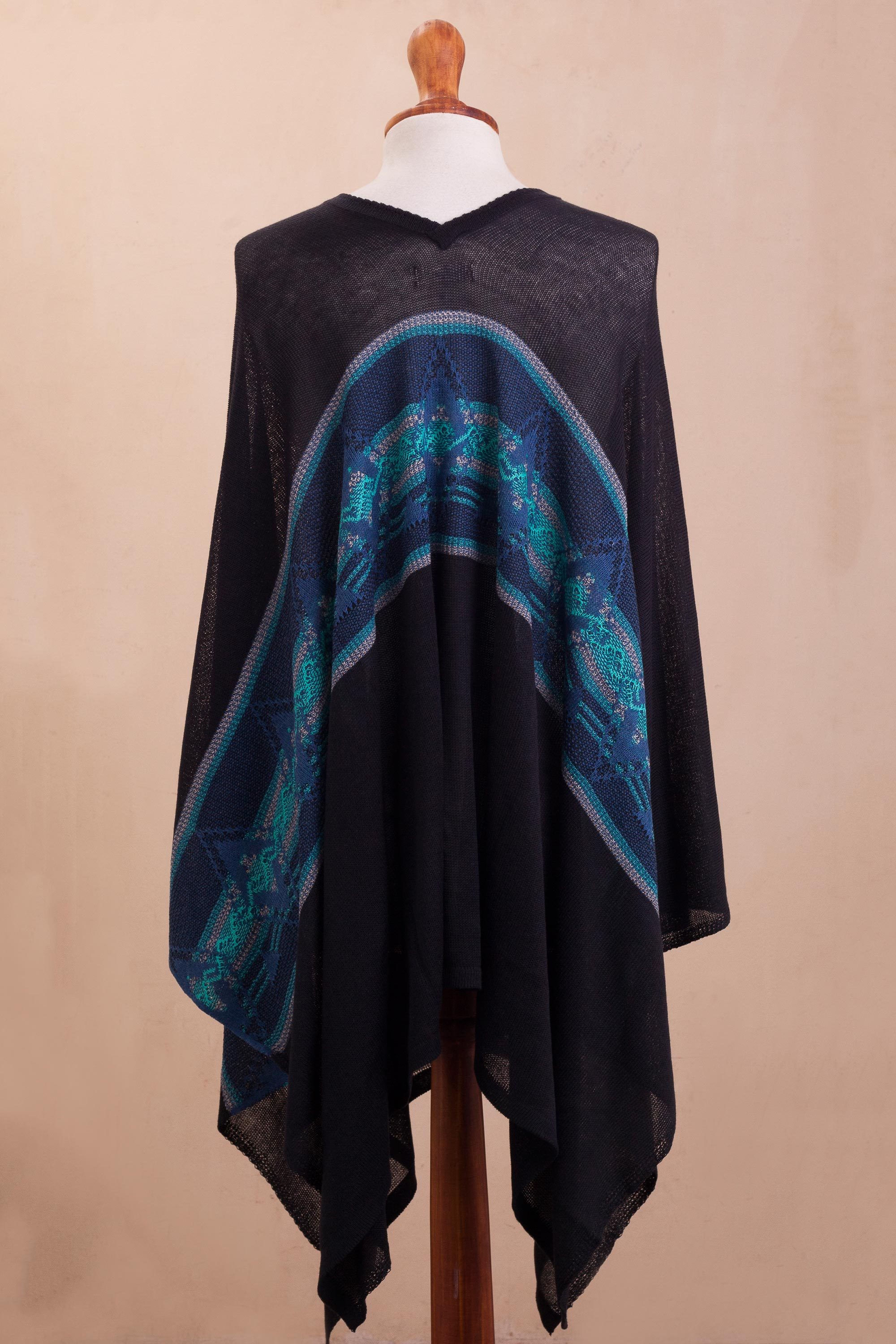 UNICEF Market | Artisan Crafted Cotton Blend Poncho in Black and Blue ...