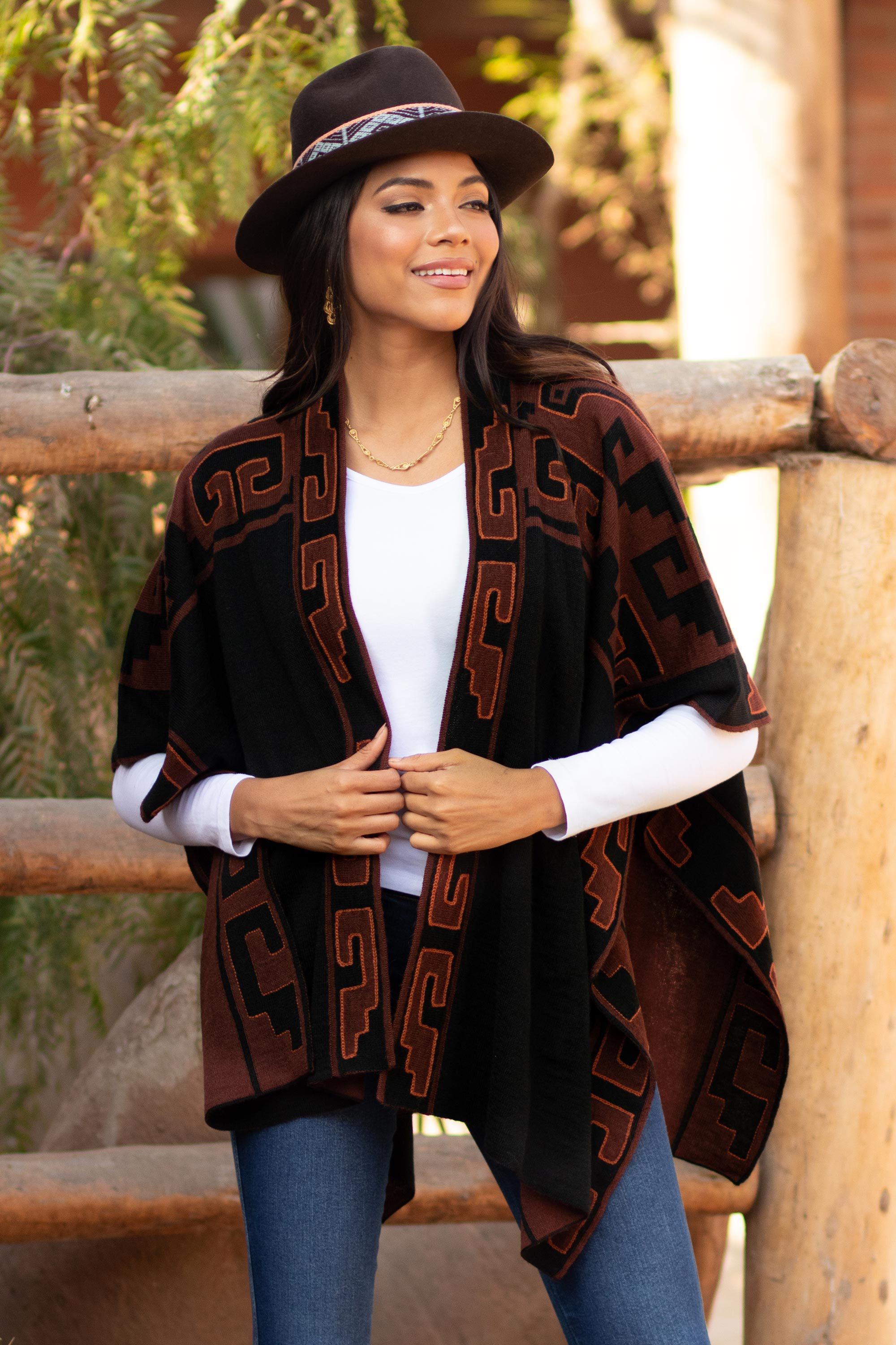 Mahogany and Black Alpaca Blend Ruana from Peru - Inca Afternoon in ...