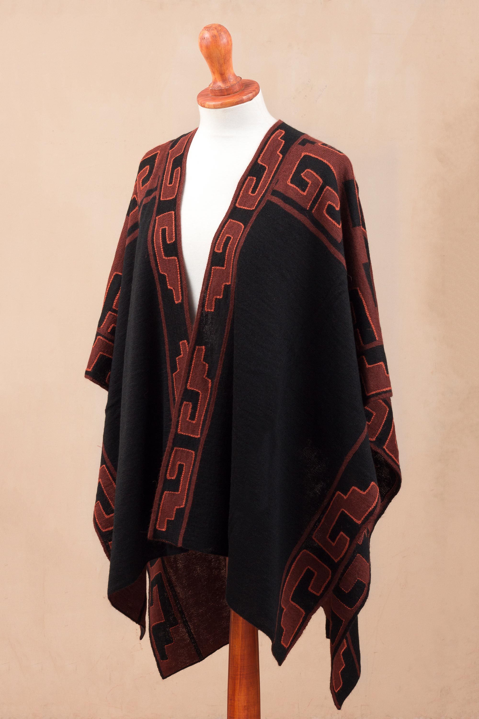 Mahogany and Black Alpaca Blend Ruana from Peru - Inca Afternoon in ...